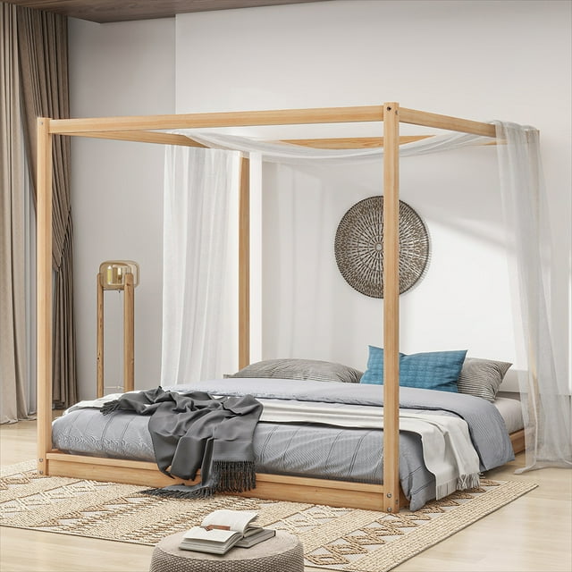 Bellemave Romantic Four Poster King Size Canopy Floor Bed, Wooden ...