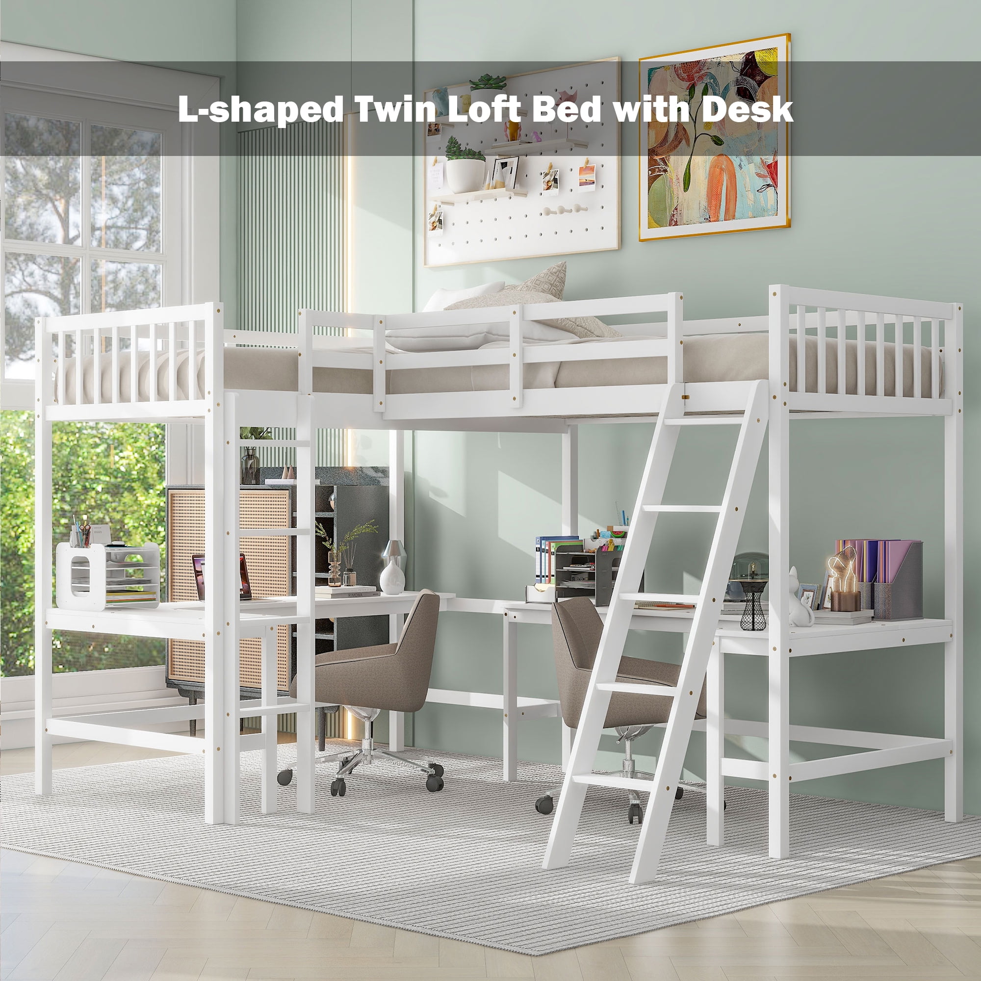 Bellemave L-Shaped Loft Bed with L-shaped Desk Twin Size Loft Bed with ...