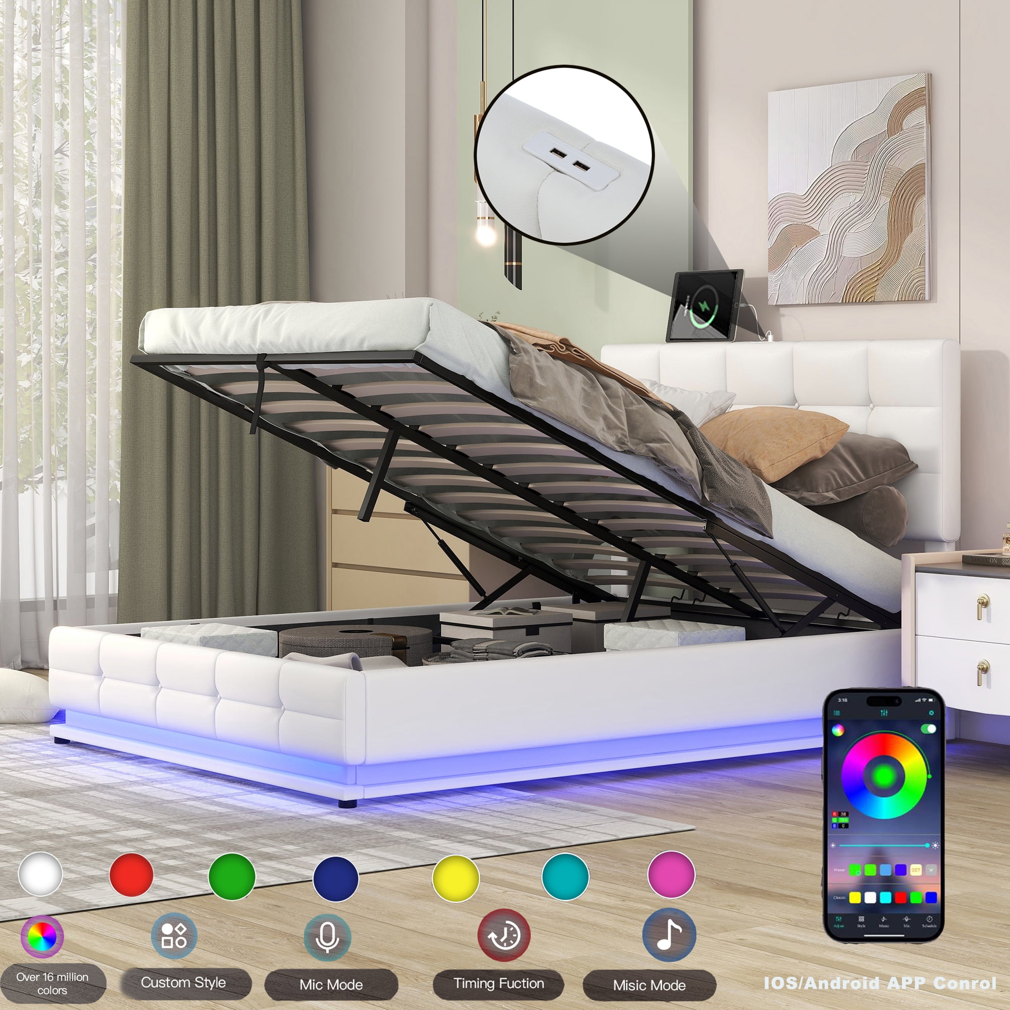 Bellemave LED Full Size Bed Frame with Lift Up Storage, USB Charging ...