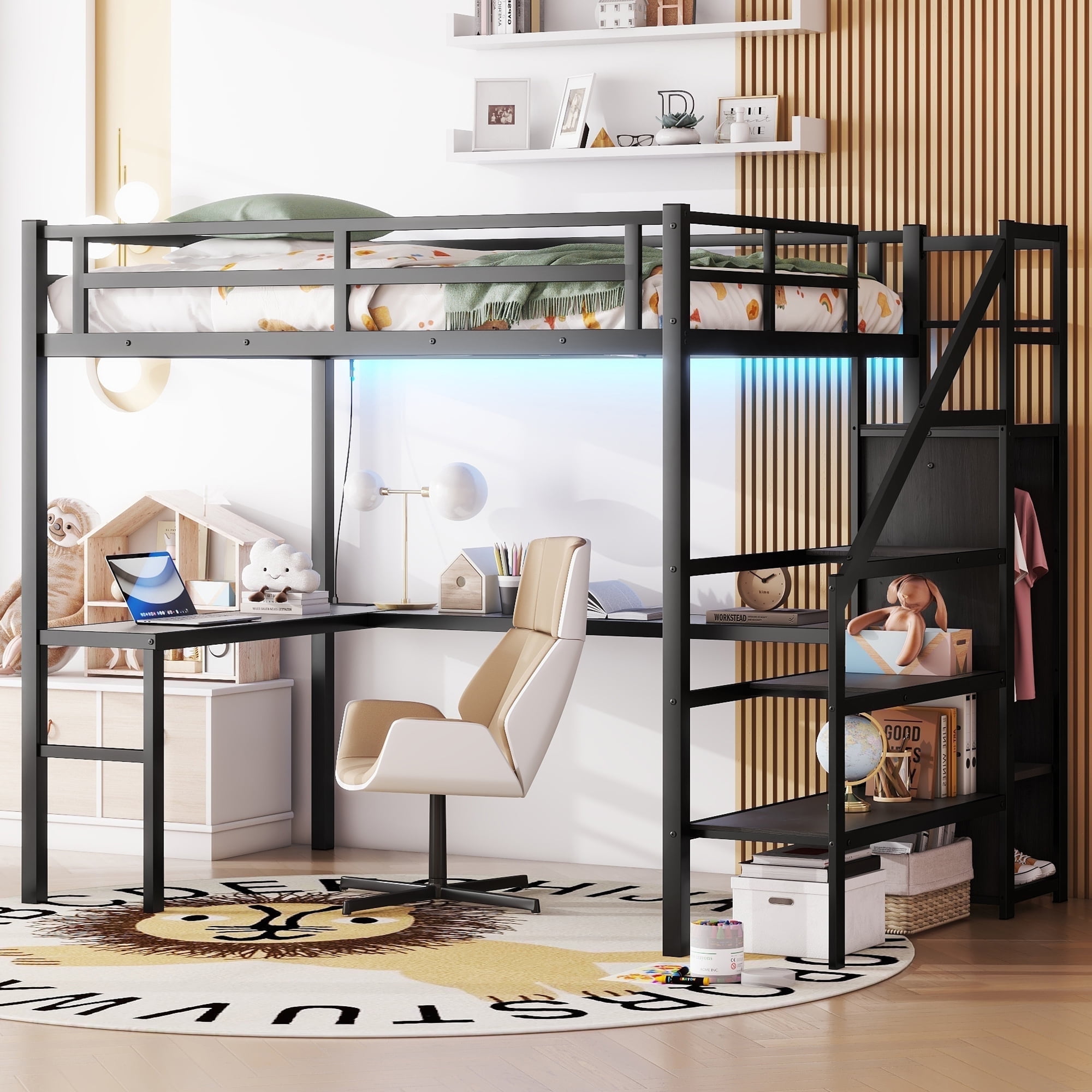 Bellemave Loft Bed Full Size with Desk and Wardrobe, Loft Bed with ...