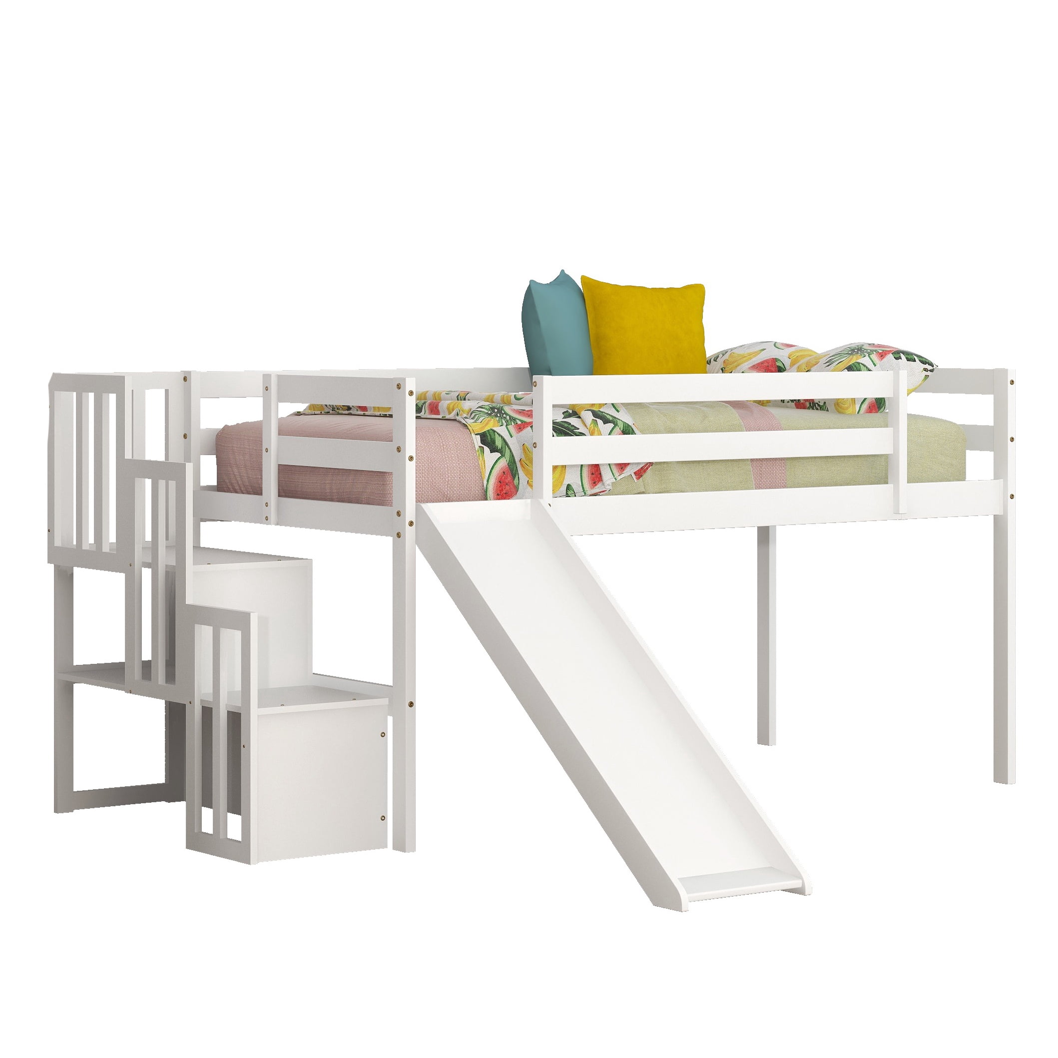 Bellemave Loft Bed with Slide and Stairs, Solid Wood Low Profile Twin ...
