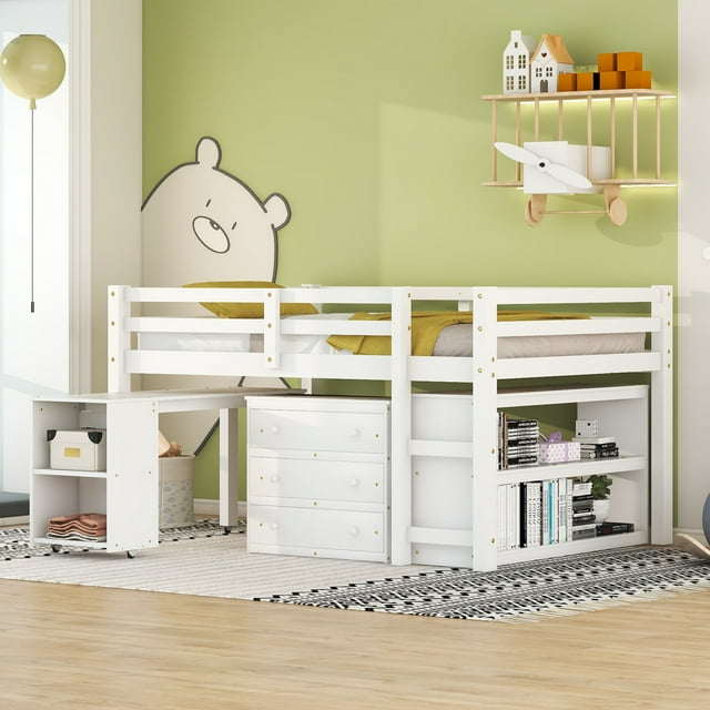 Bellemave Full Size Low Loft Bed with Movable Desk, Storage, Bookcase, Wooden Frame (White ...