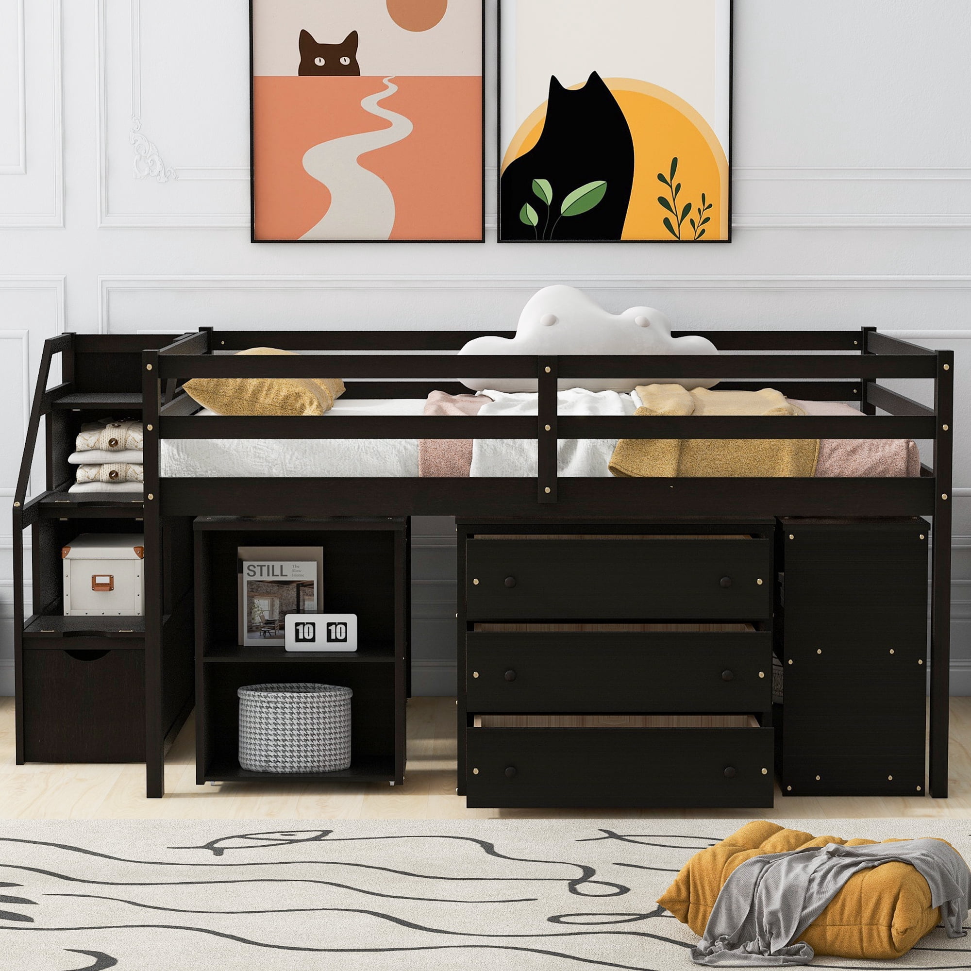 Bellemave Full Size Low Loft Bed with Steps, Movable Desk, Storage, and ...