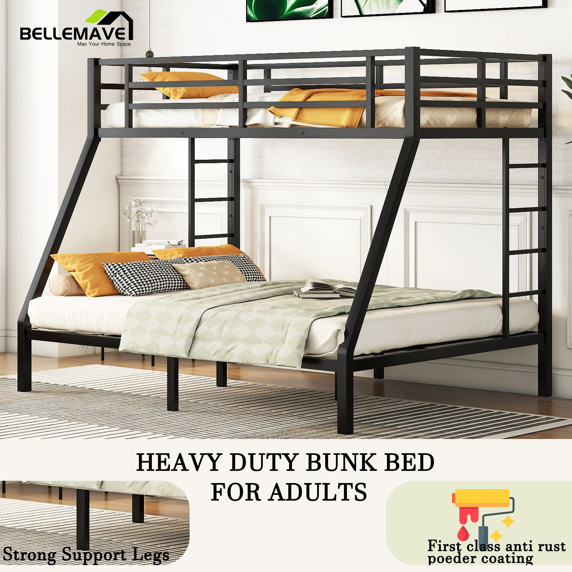 ACME Kaleb Metal Frame Queen Over Queen Bunk Bed with Ladder in Sandy ...