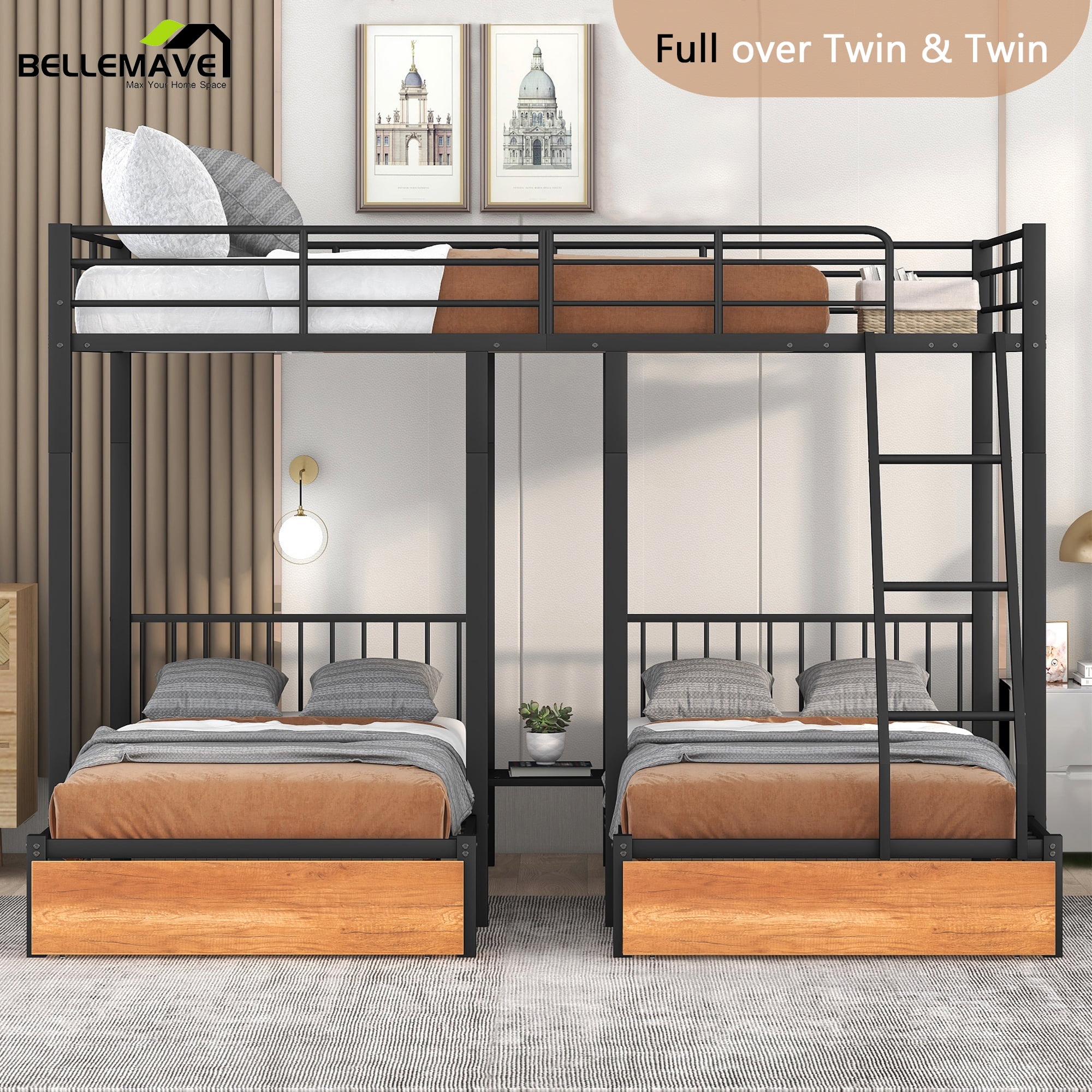 Bellemave Metal Triple Bunk Bed - Full over Twin with Storage Drawers ...