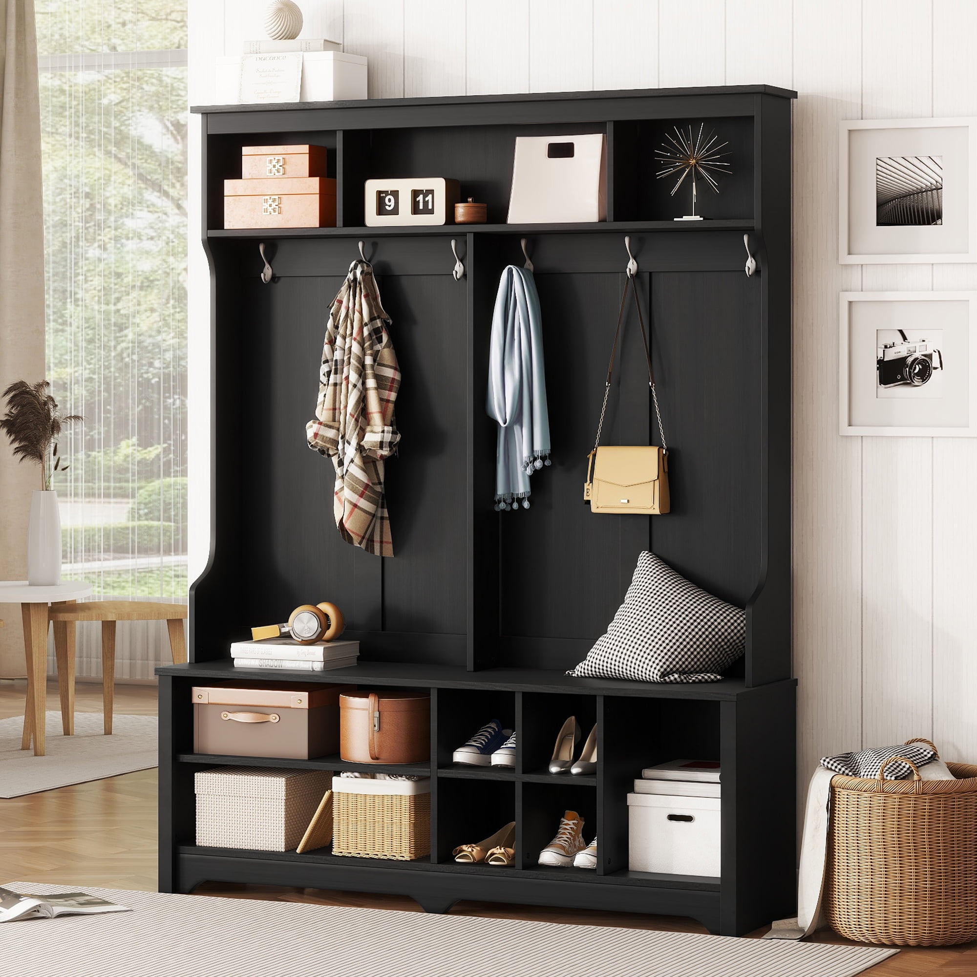 Bellemave 3-in-1 Hall Tree, 6 Hooks, 10 Shelves, Shoe Cubbies, Bench ...