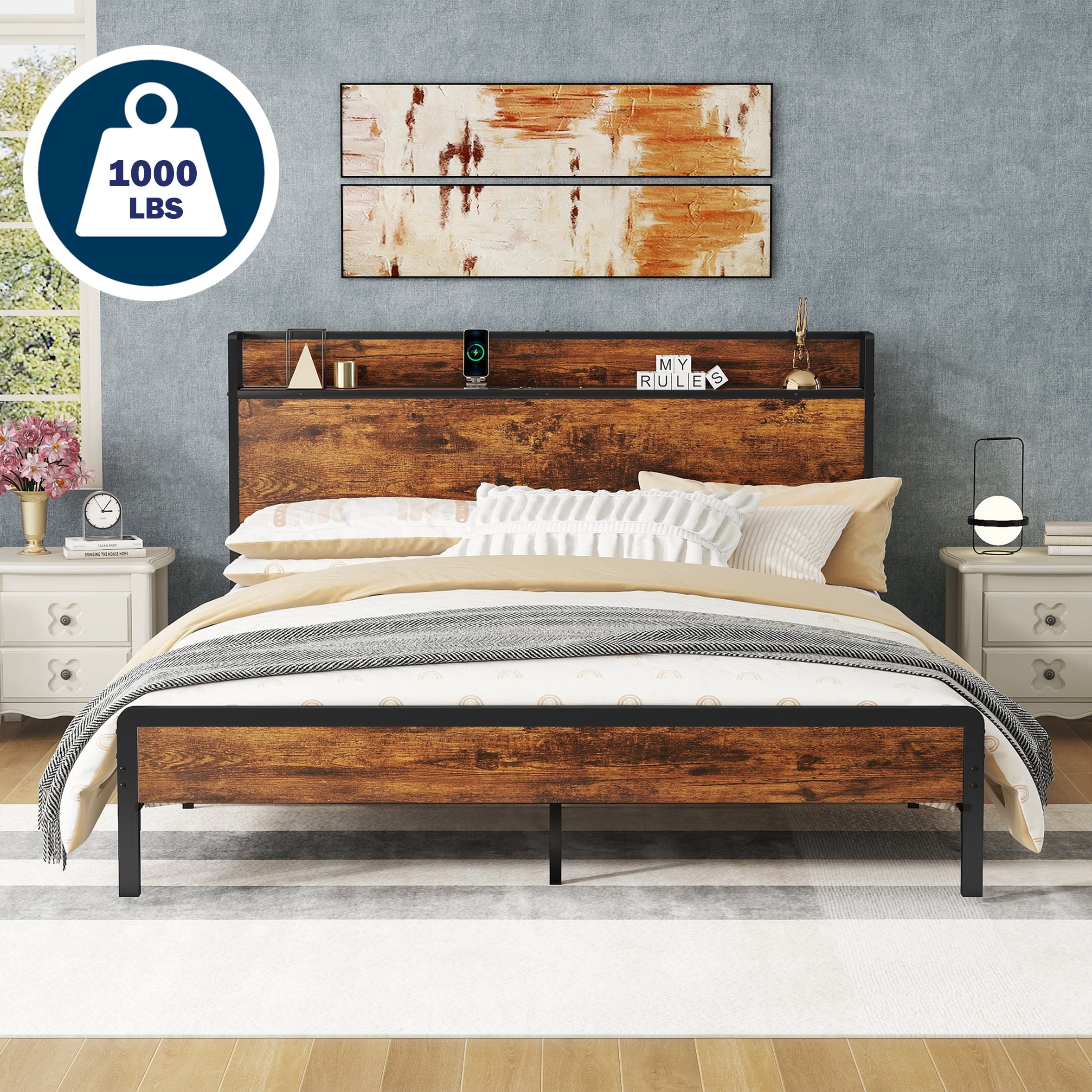 Bellemave Modern Industrial Queen Size Platform Bed with Storage ...
