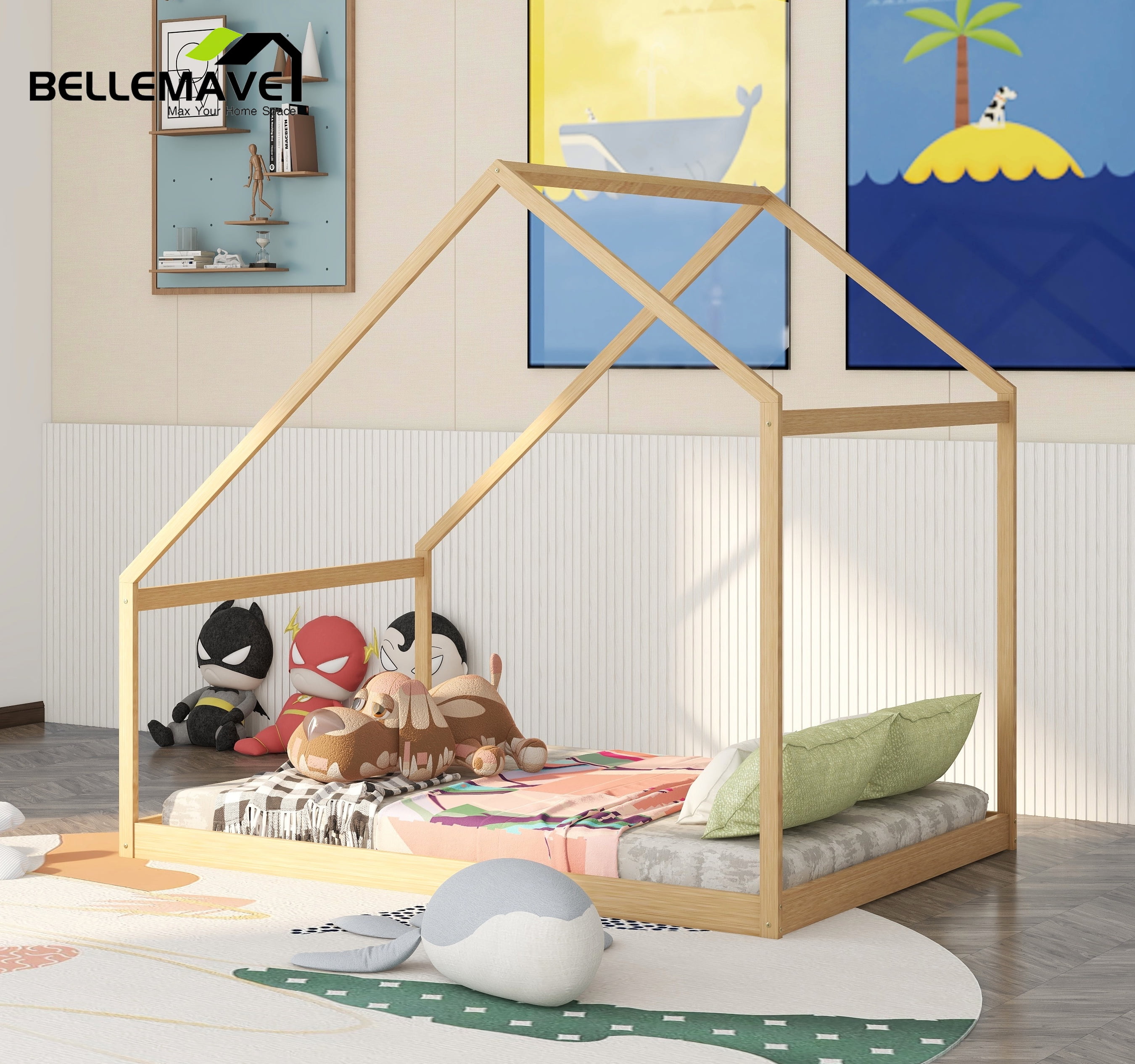 Bellemave Montessori Wood Bed Frame for Toddlers House Beds for Kids ...