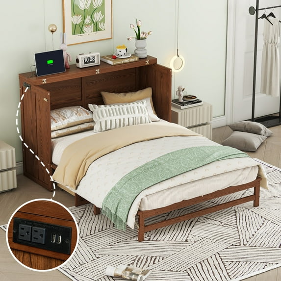 Bellemave Murphy Bed Cabinet Full Size, Wooden Foldable Murphy Bed with Storage Drawer and ...