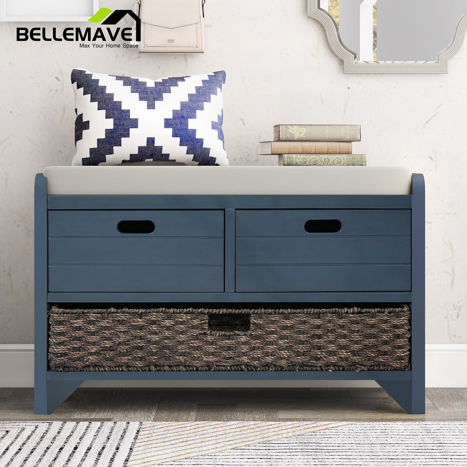Bellemave Modern Entryway Sitting Bench, Navy Blue Wood with Cushion ...