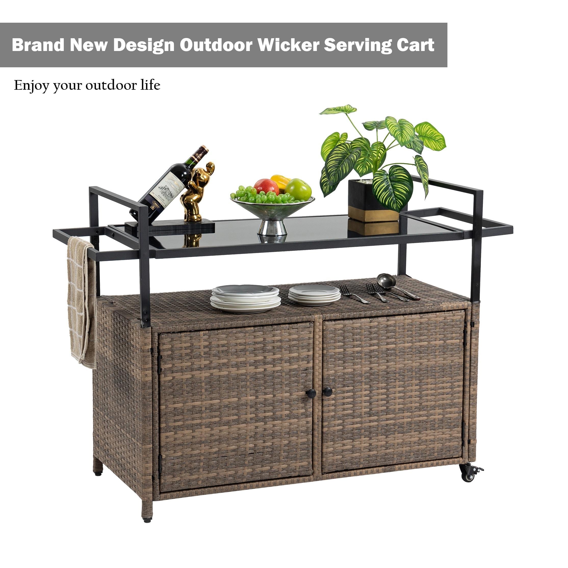 Bellemave Outdoor Serving Cart PE Rattan Wicker Mobile Bar Cart with 2 ...
