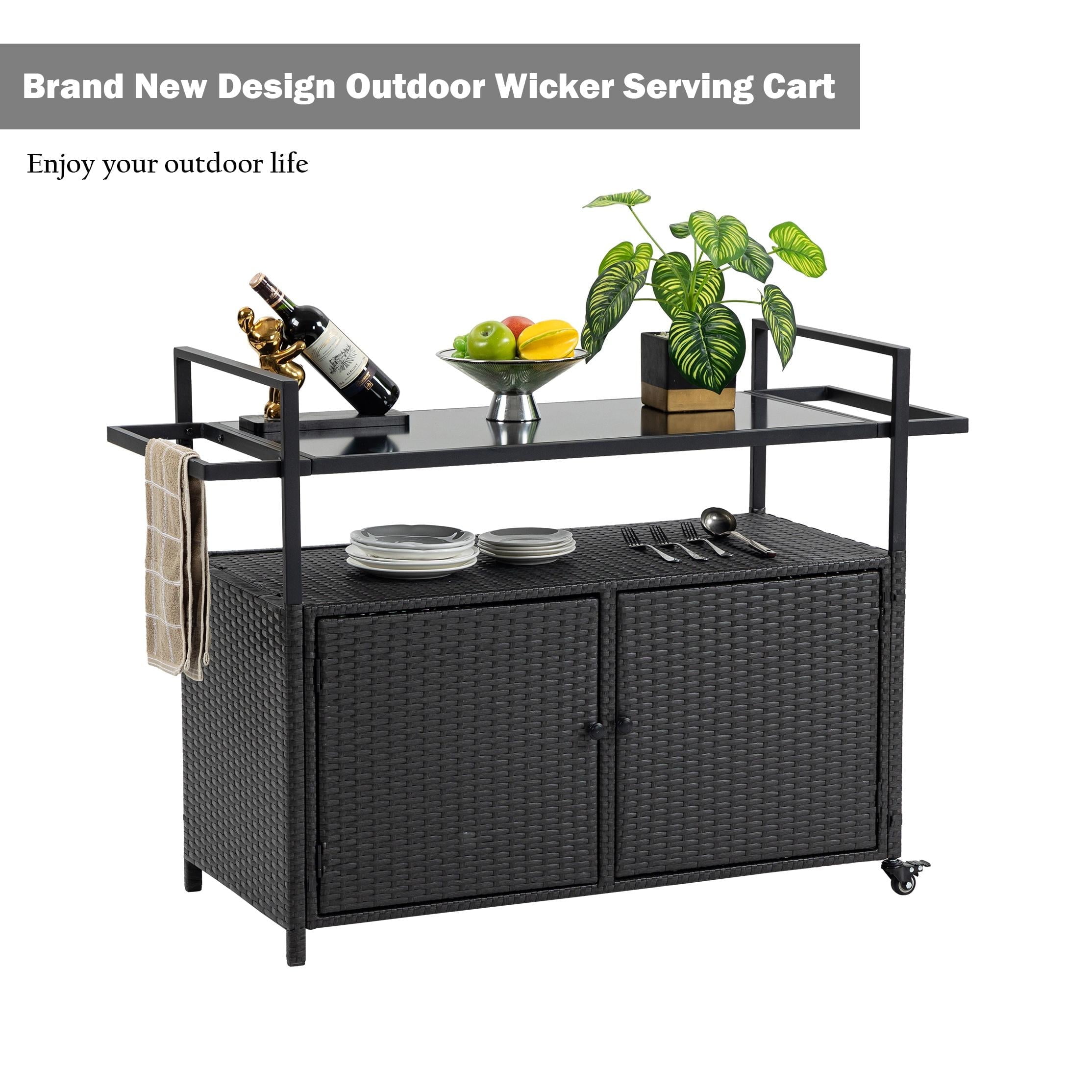 Bellemave Outdoor Serving Cart PE Rattan Wicker Mobile Bar Cart with 2 ...