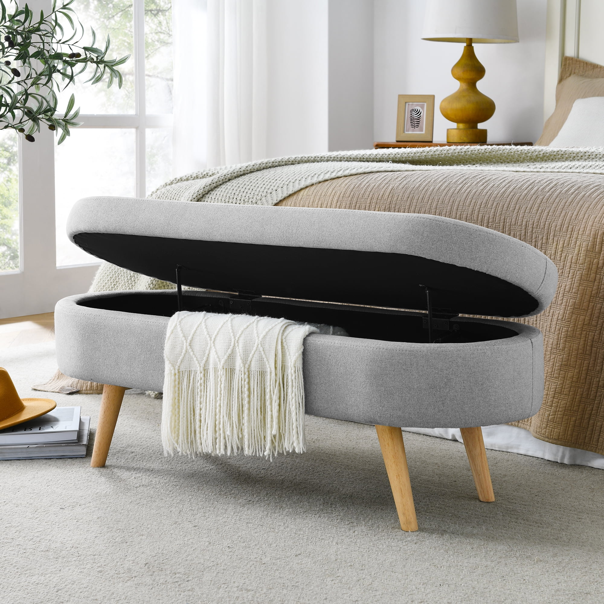 Bellemave Oval Storage Bench, Modern Linen Fabric Upholstered Bench ...
