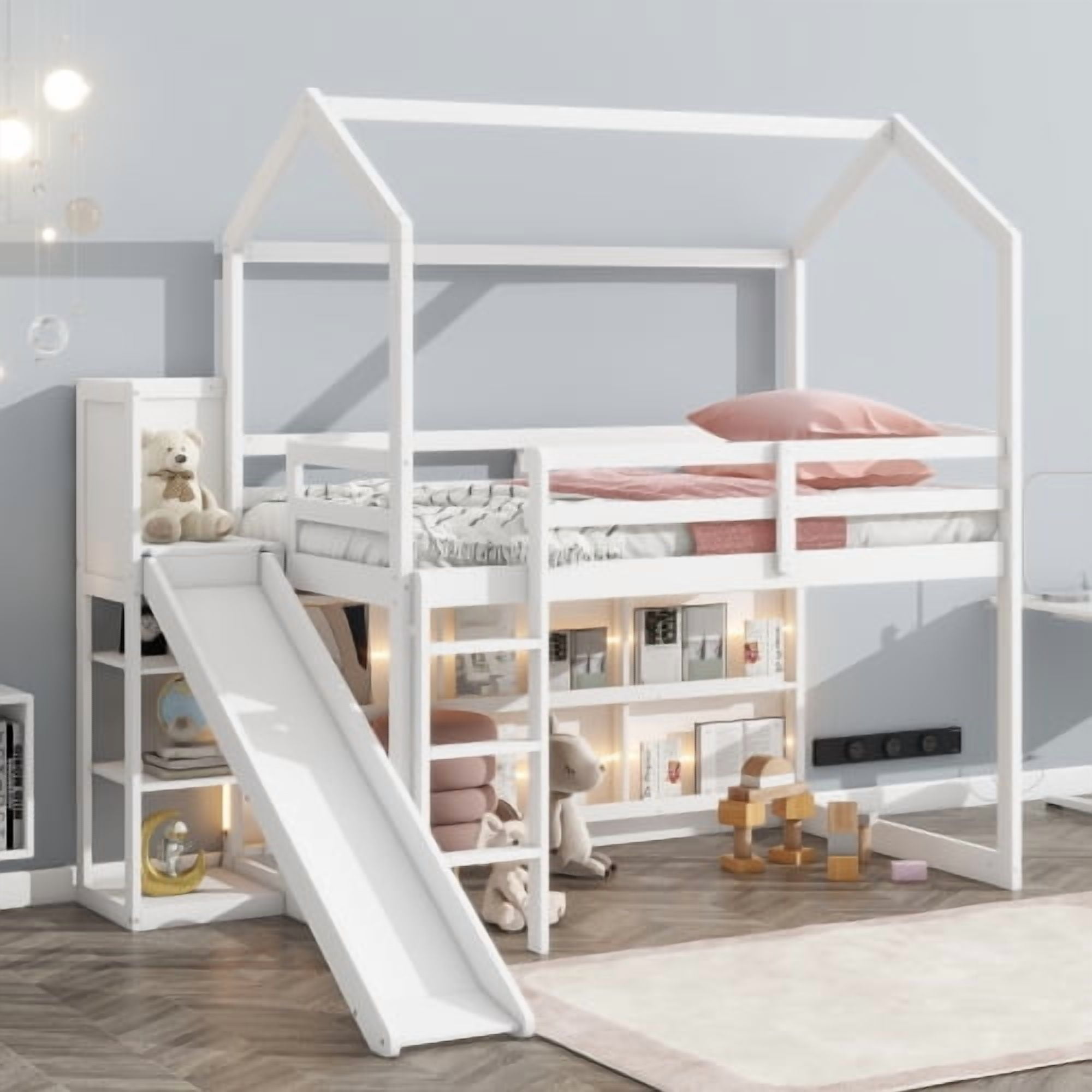 Bellemave Playful Twin Size House Loft Bed with Slide, Climbing Ramp ...