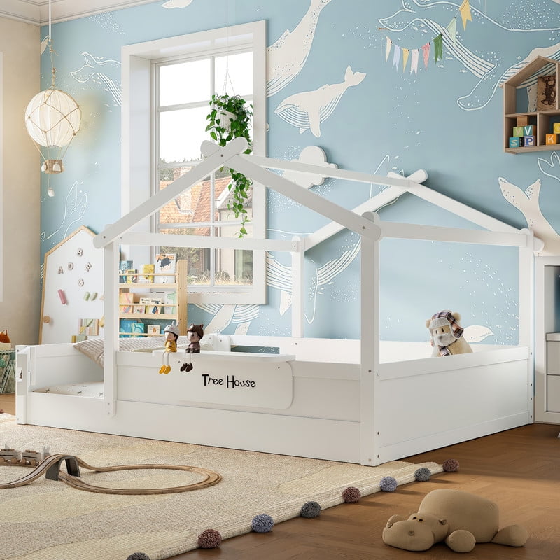 Bellemave Queen Floor Bed with Guardrails and Roof, Wood House Floor ...