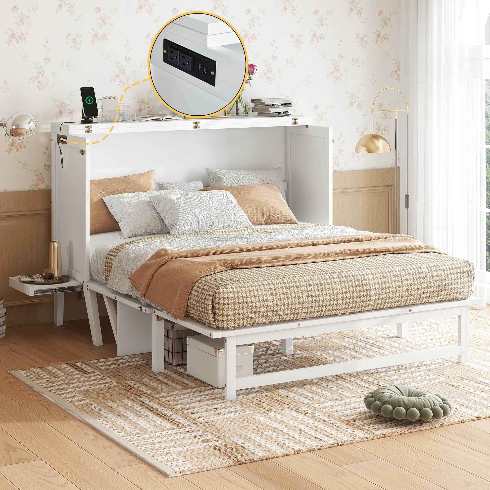 Bellemave Queen Murphy Bed with Storage & Charging Station, Wood ...