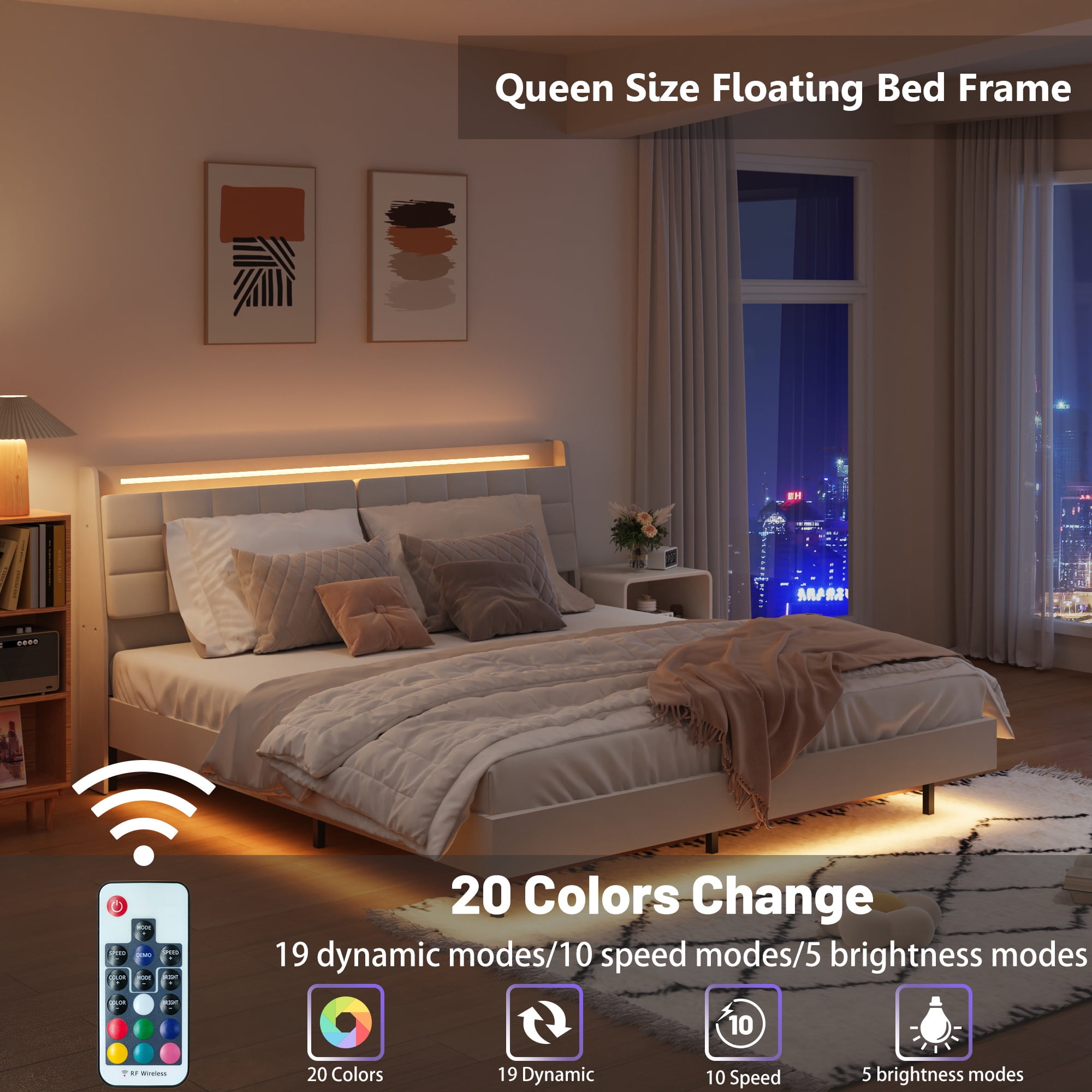 Bellemave Queen Size Floating Bed Frame with LED Light and Charging ...