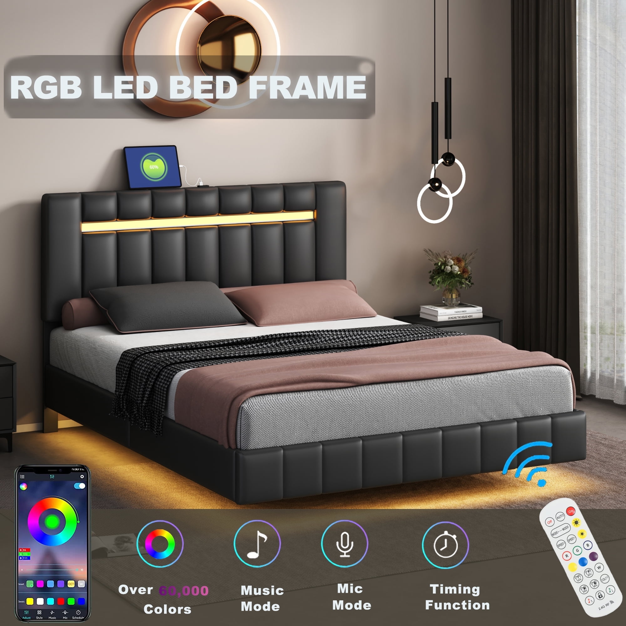 Bellemave Queen Floating Bed Frame with LED Light, USB Port, Adjustable ...