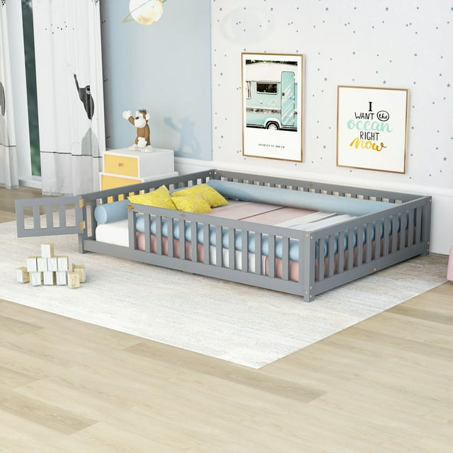 Bellemave Low Profile Queen Floor Bed Frame with Guardrails & Lockable ...