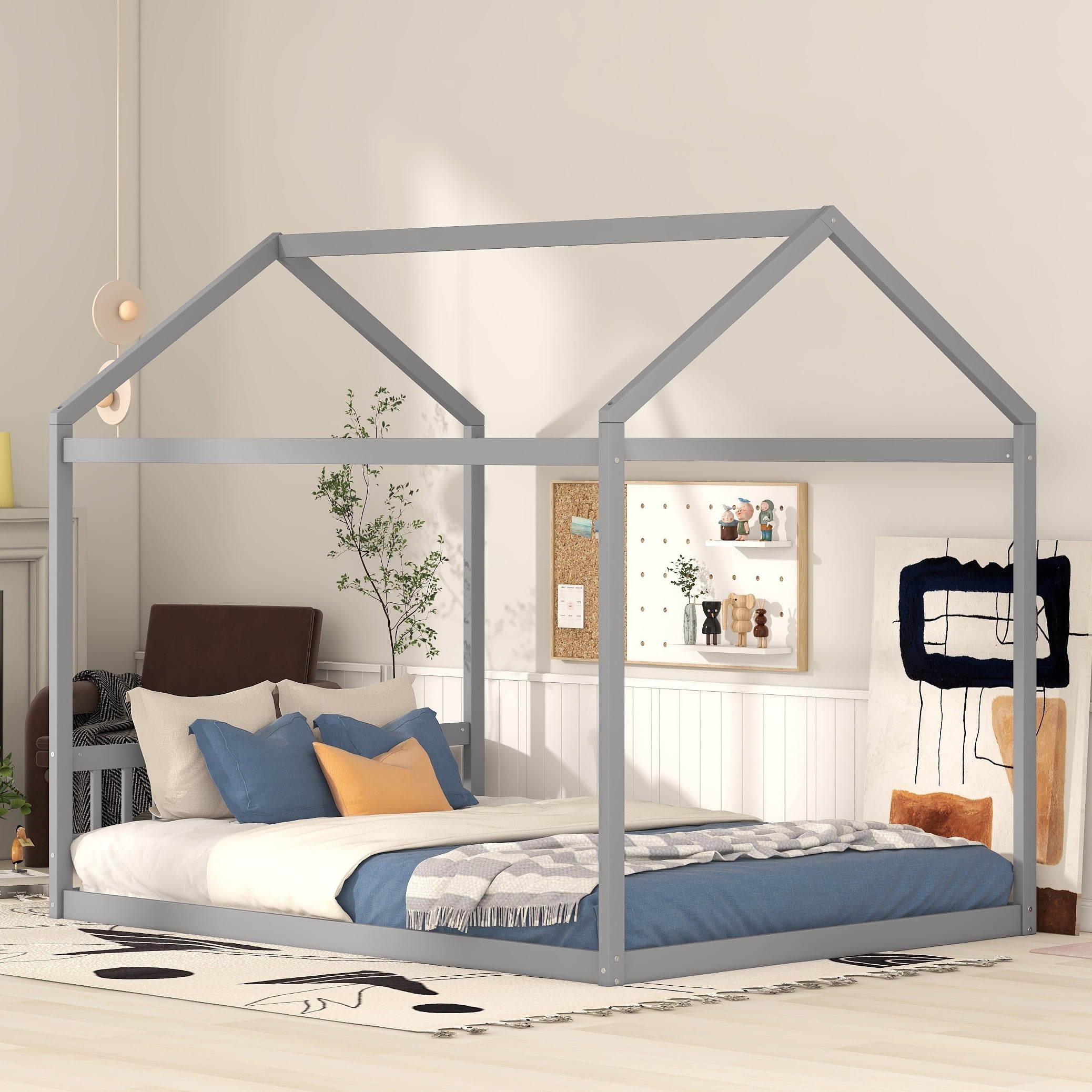 Bellemave Kids Queen Size House Bed Platform Style Toddler Frame for Girls With Headboard No Box Spring Needed Gray Walmart