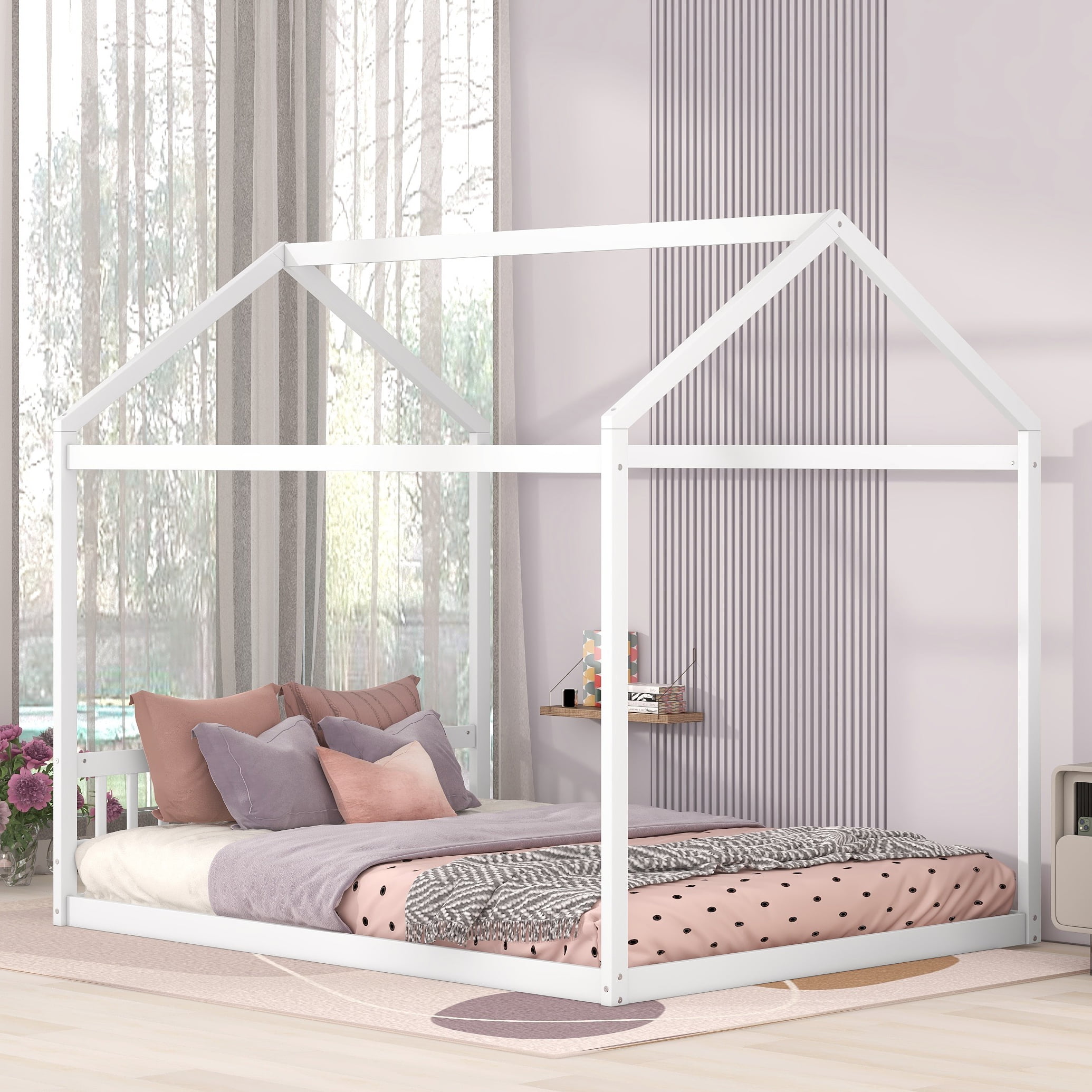Bellemave Queen House Bed Montessori Toddler Frame Wood Floor Beds for Kids No Box Spring Needed Gray Walmart