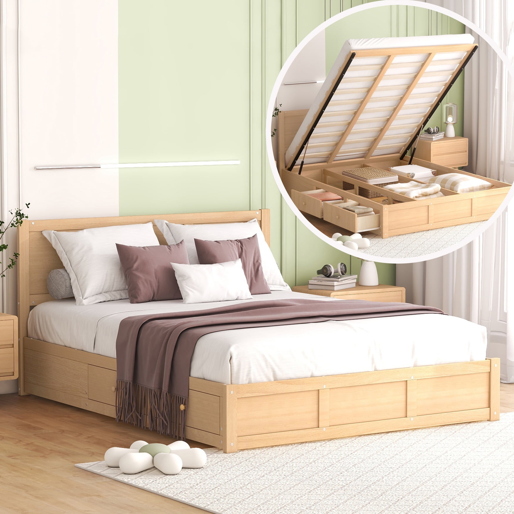 Bellemave Queen Size Lift Up Storage Bed, Wood Platform Bed with 2 ...