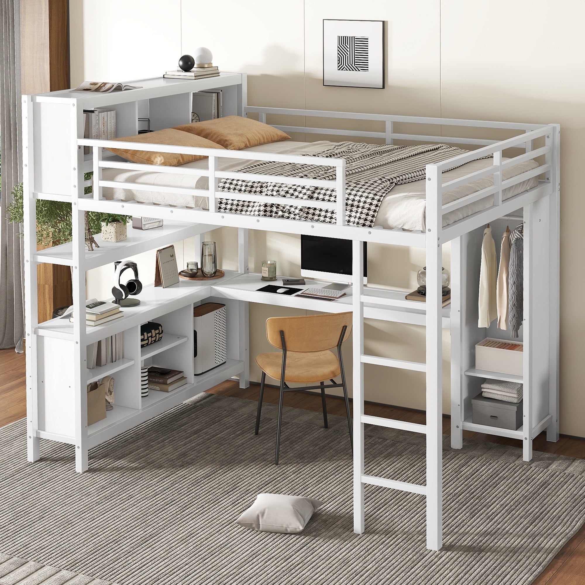 Bellemave Queen Size Loft Bed with Desk and Storage, Metal Loft Bed Frame with Wardrobe, Storage ...