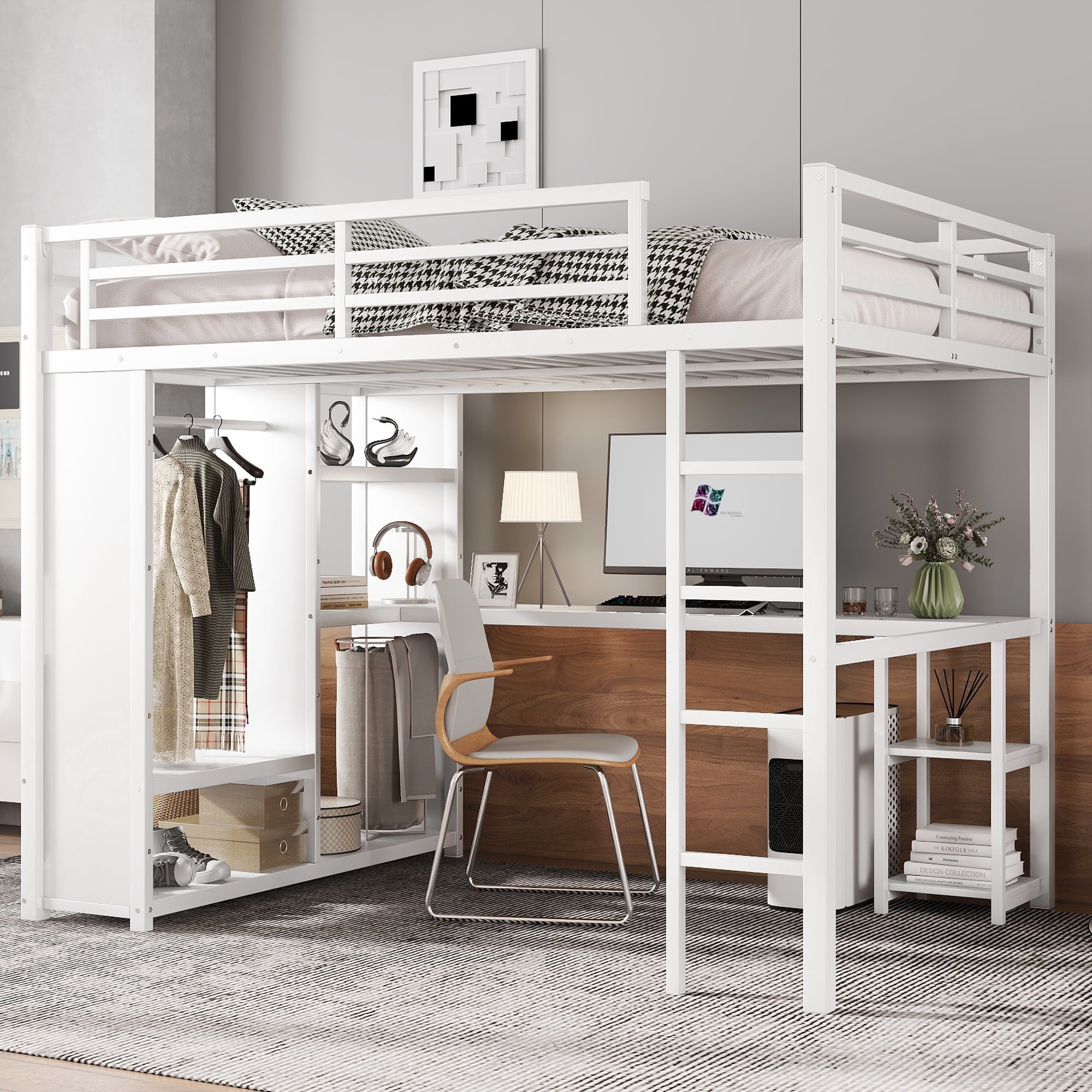 Bellemave Queen Size Loft Bed with Desk and Wardrobe Metal Loft Bed ...
