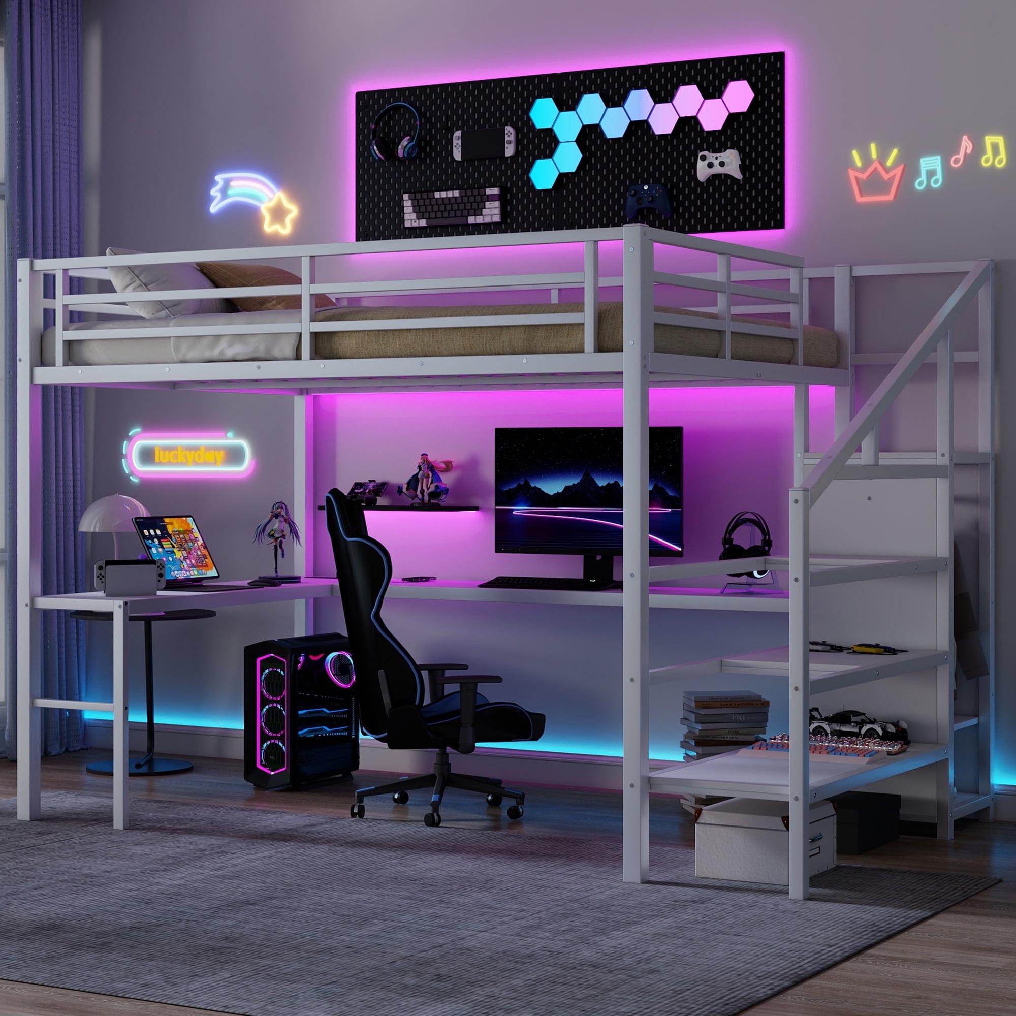 Bellemave Queen Size Metal Loft Bed with L-shaped Desk and Storage ...