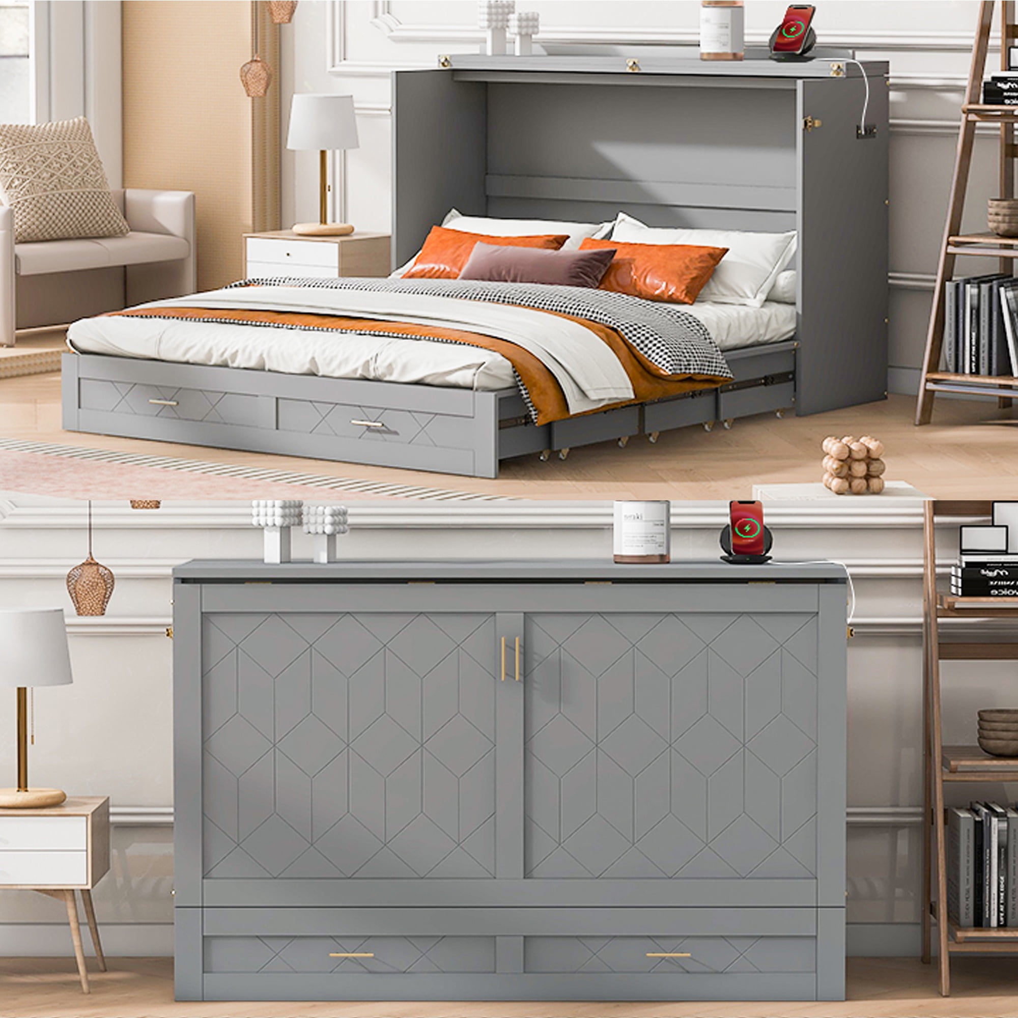 Bellemave Queen Size Murphy Bed with Drawers, Murphy Bed Chest Cube ...