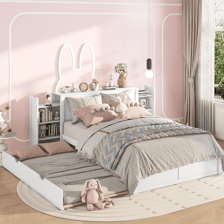 Bellemave Queen Size Storage Bed with Trundle Wood Platform Bed Frame with Storage Shelves Headboard Queen Beds for Kids Teens Adults Bedroom White Walmart