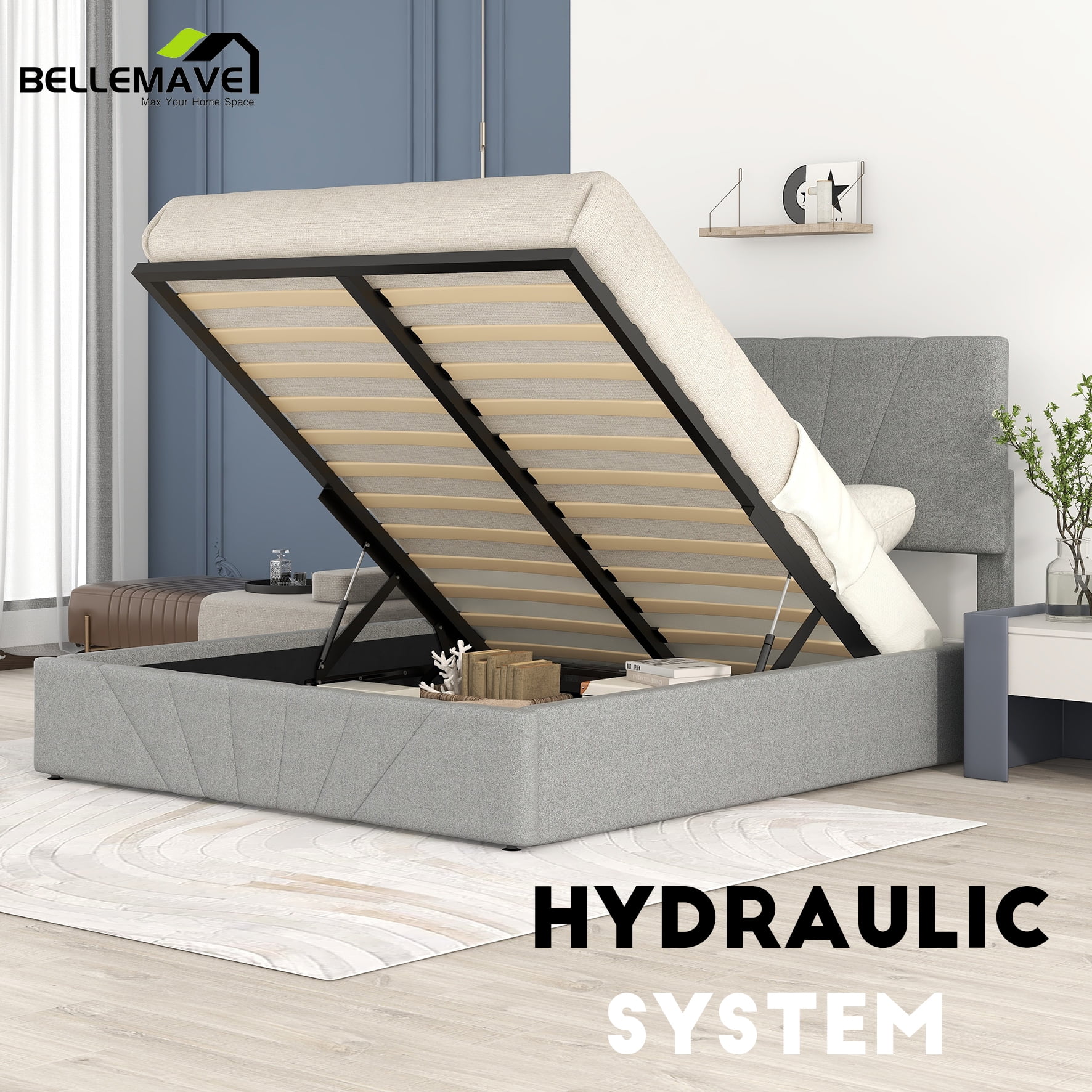 Bellemave Queen Size Upholstered Platform Bed Frame with Under Bed ...