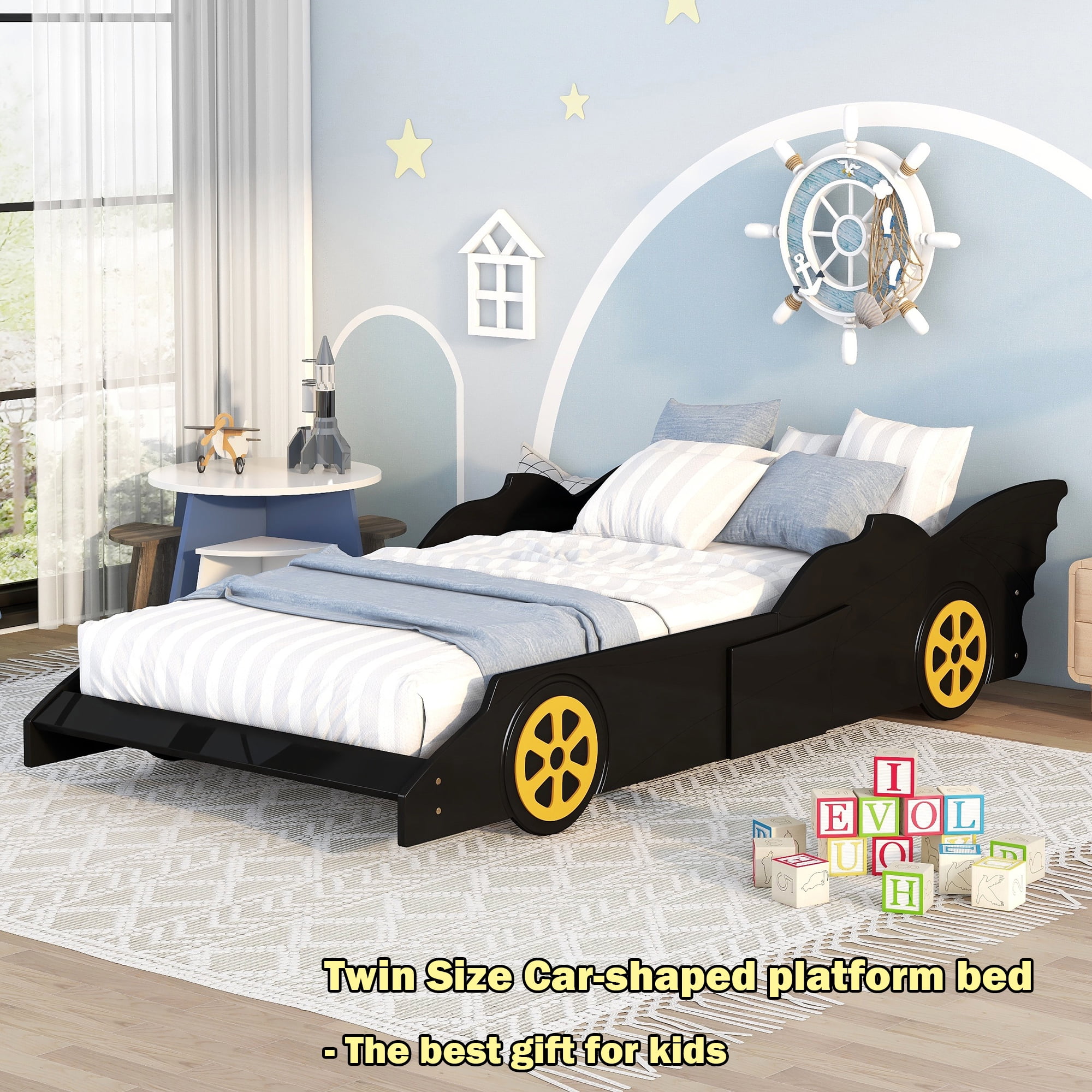 Bellemave Race Car-Shaped Bed Twin Size Car-Shaped Wood Platform Bed ...