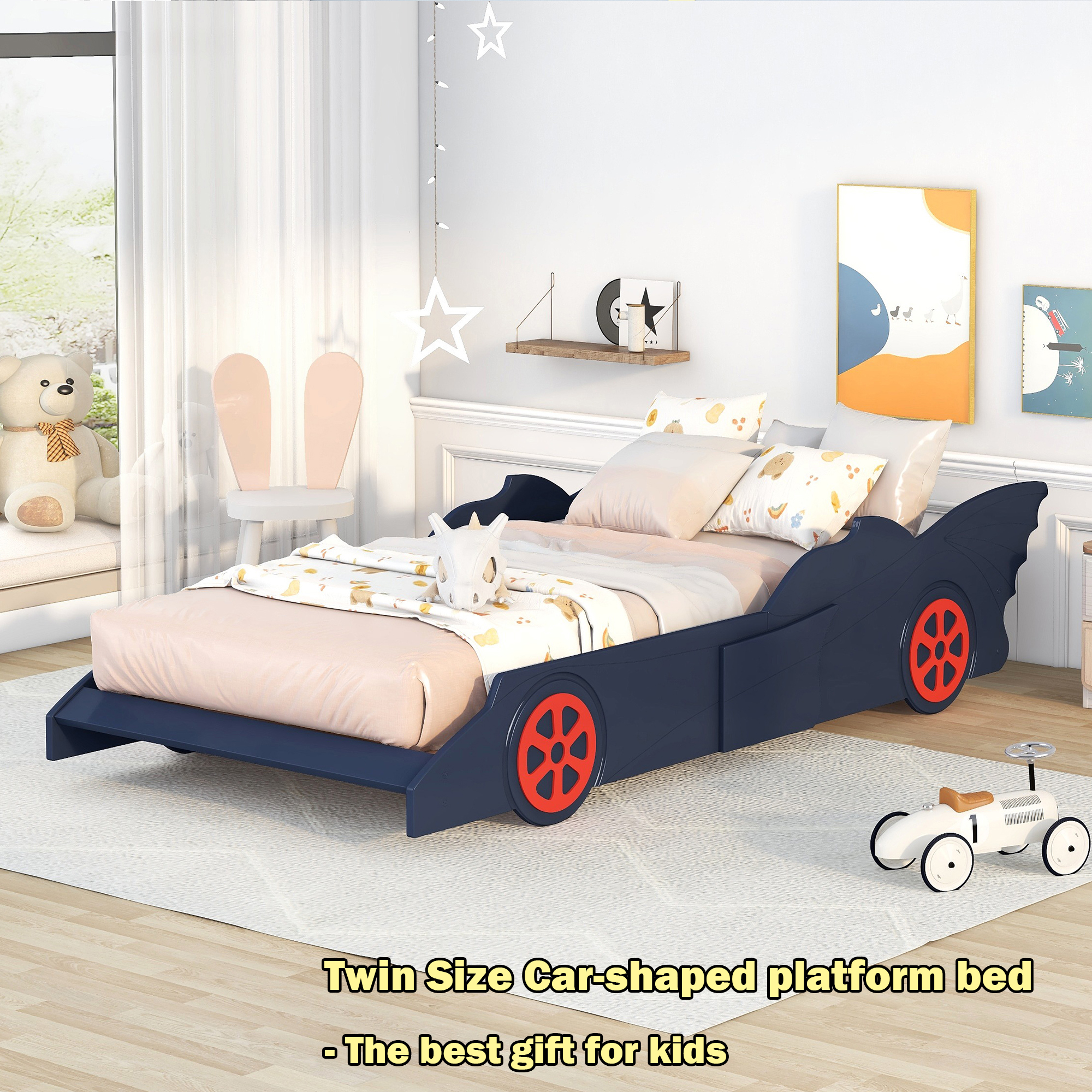 Bellemave Race Car-Shaped Bed Twin Size Car-Shaped Wood Platform Bed ...