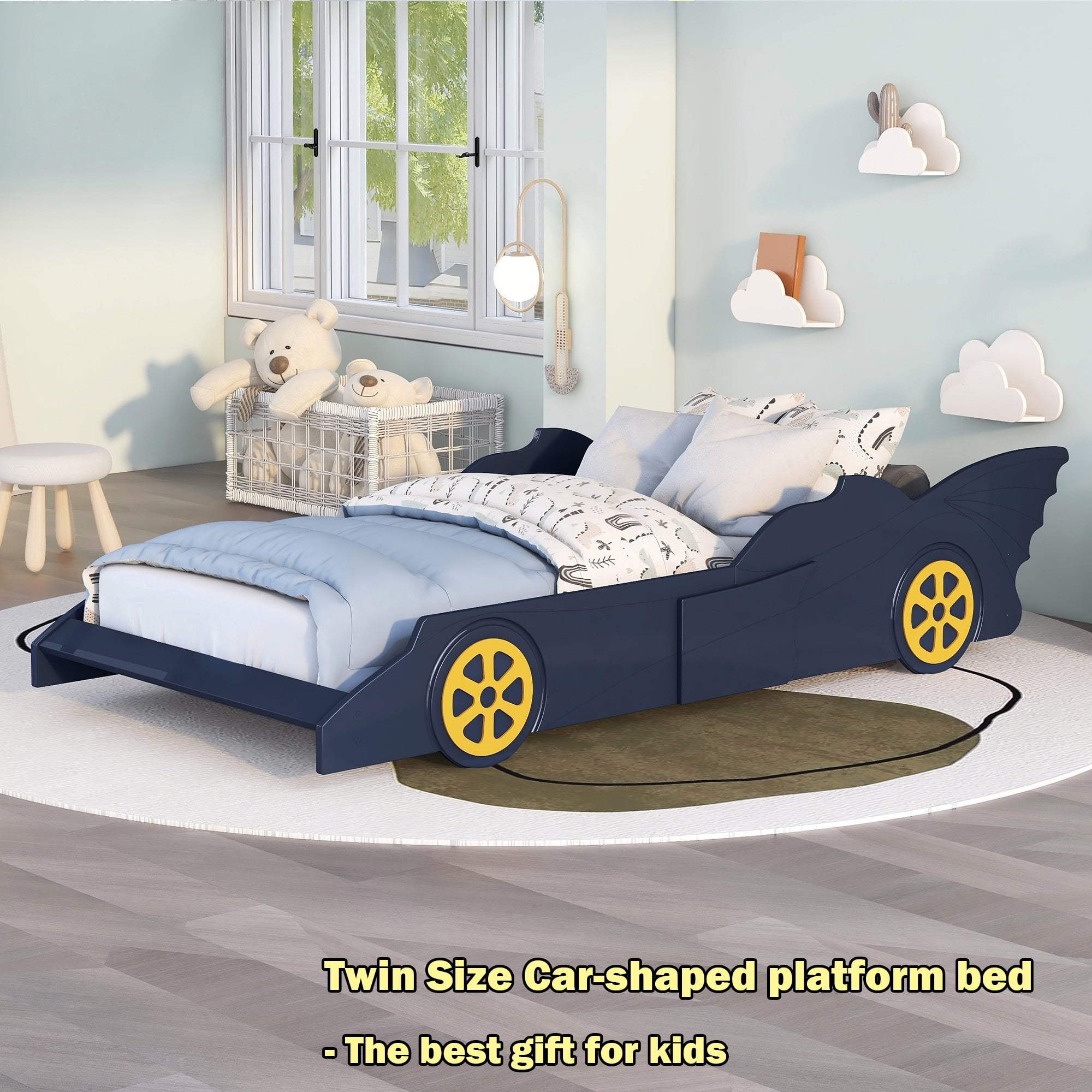 Bellemave Race Car-Shaped Bed Twin Size Car-Shaped Wood Platform Bed ...