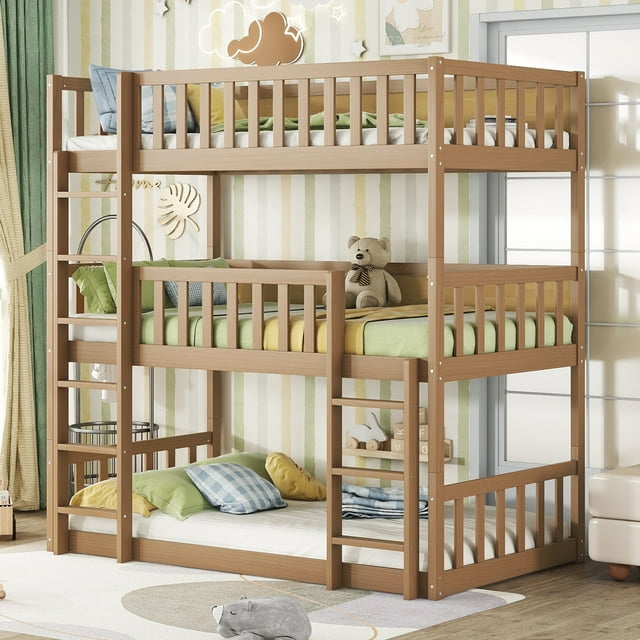 Bellemave Rubber Wood Triple Bunk Bed Twin over Twin over Twin Bunk Bed Frame with Fence-shaped ...