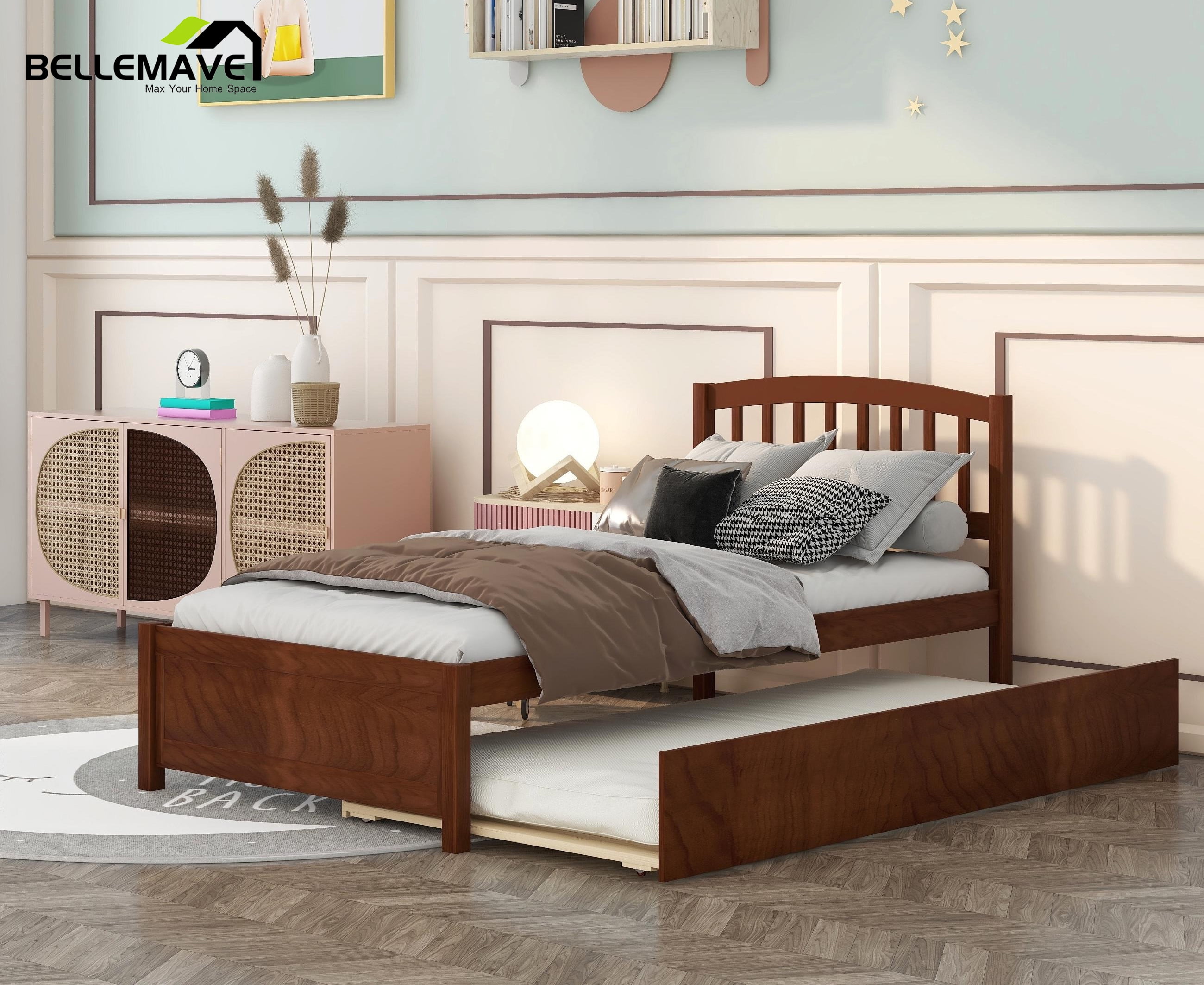 Bellemave Twin Size Wood Platform Bed Frame, Trundle, Headboard, Walnut ...