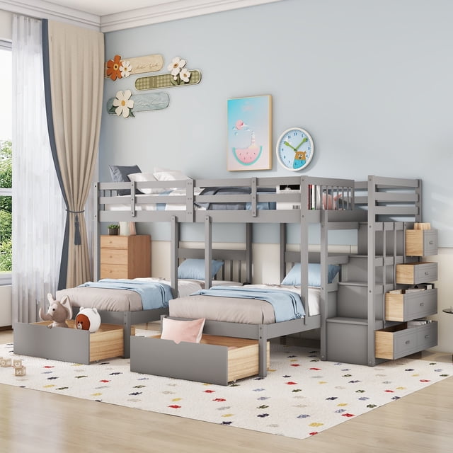 Bellemave Wood Bunk Bed for Adults, Triple with Full & Twin Size ...