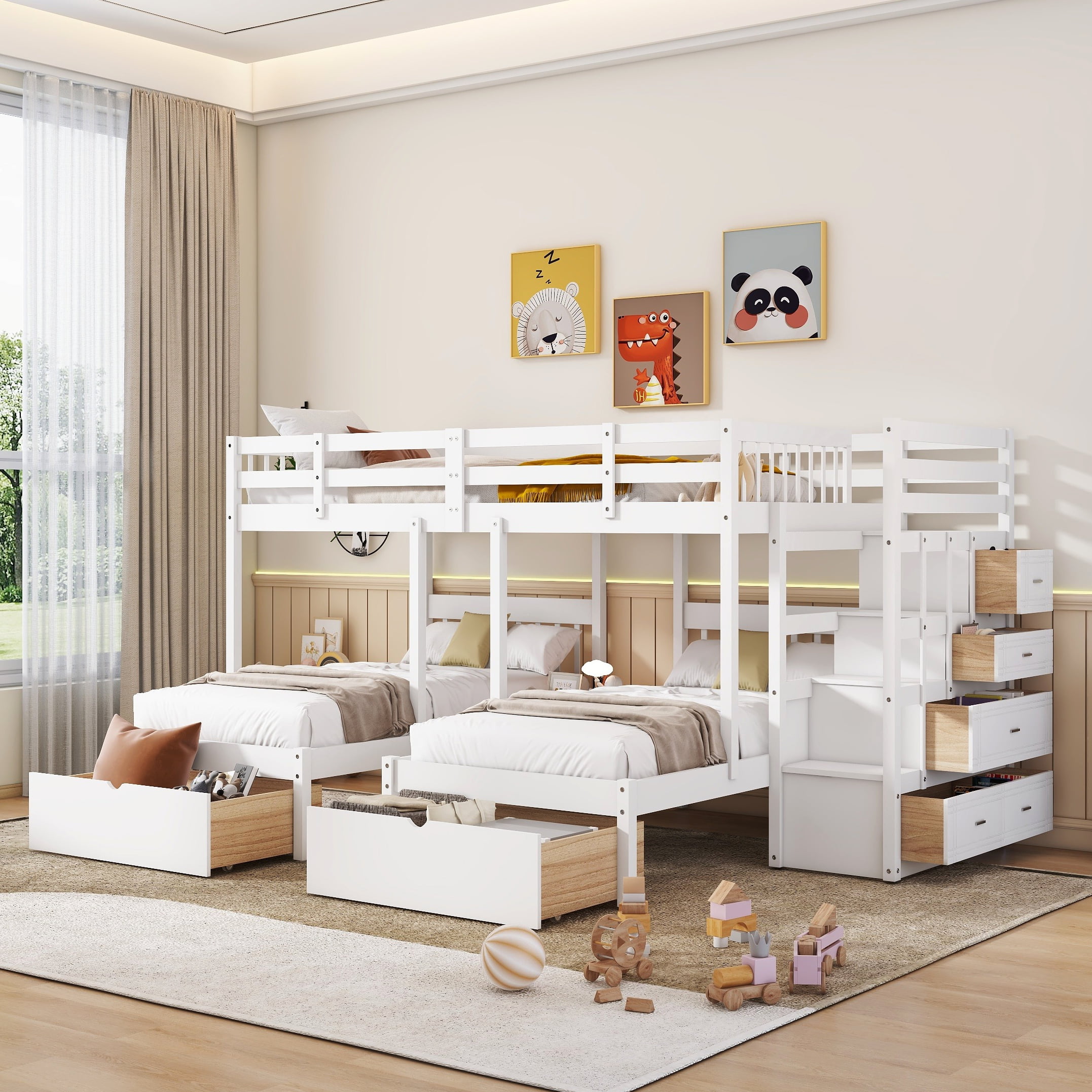Bellemave Wooden Triple Bunk Beds, Full over Twin & Twin with Stairs ...