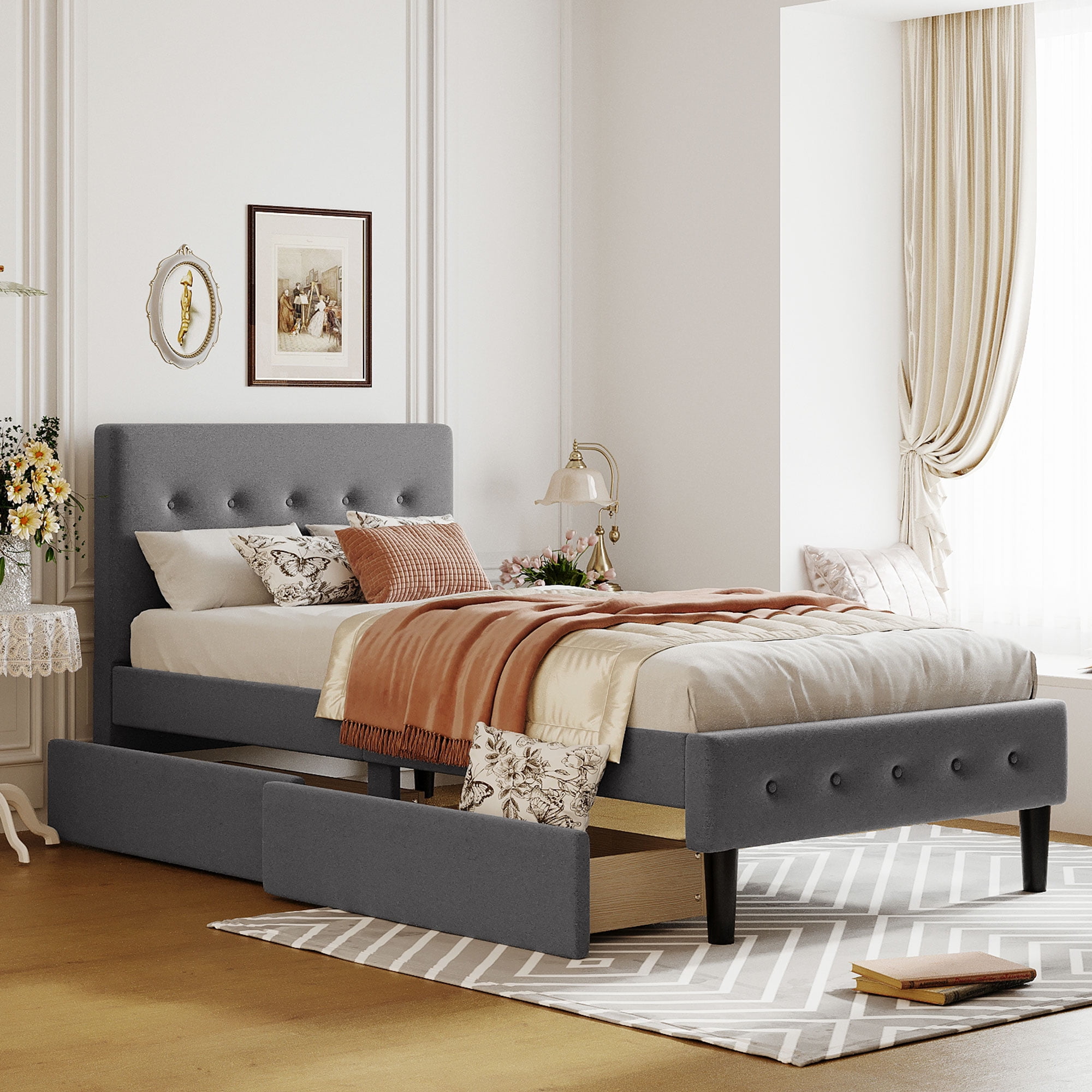 Bellemave Upholstered Twin Bed Frame with 2 Storage Drawers, Platform ...