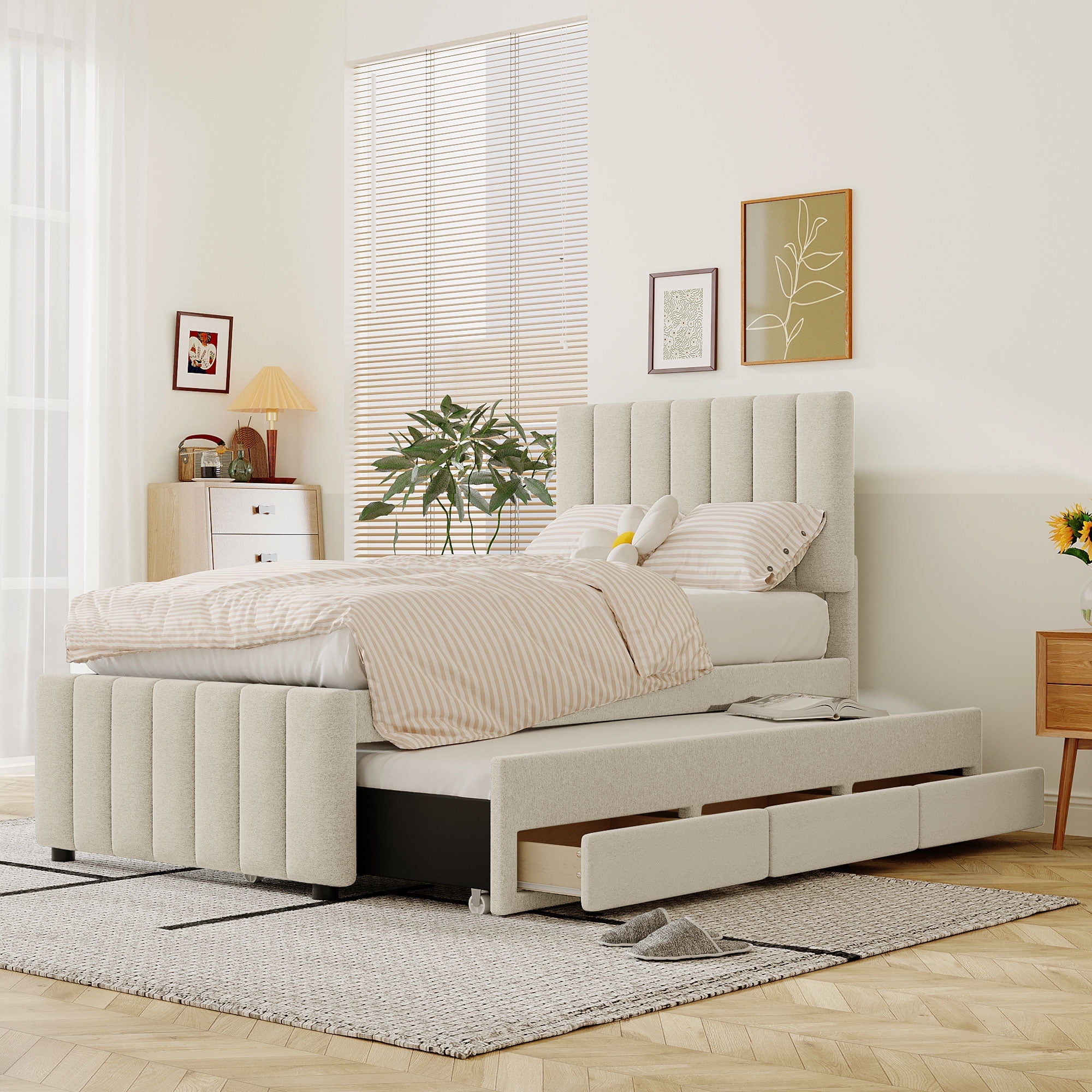 Bellemave Twin Size Bed with Trundle, Storage and Tuffted Headboard ...
