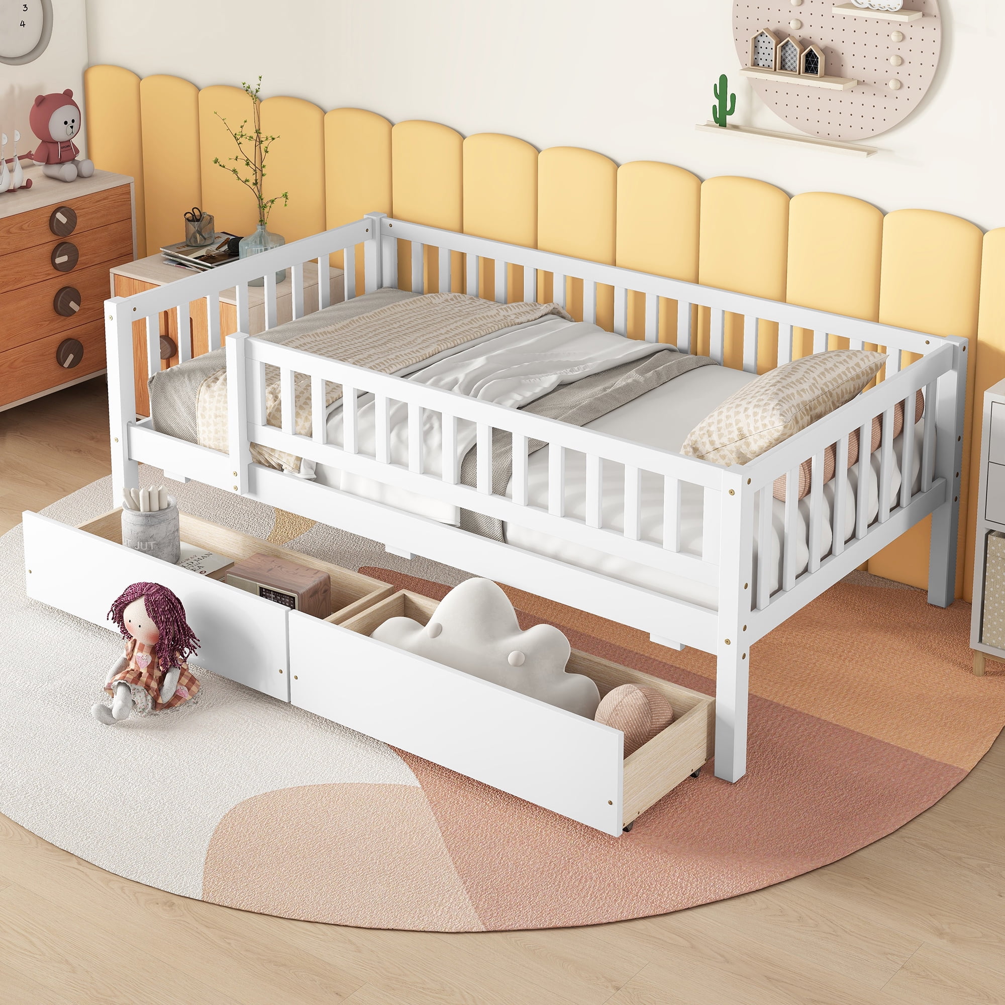 Bellemave Twin Daybed with Storage and Fence for Kids, Wooden Twin Size ...