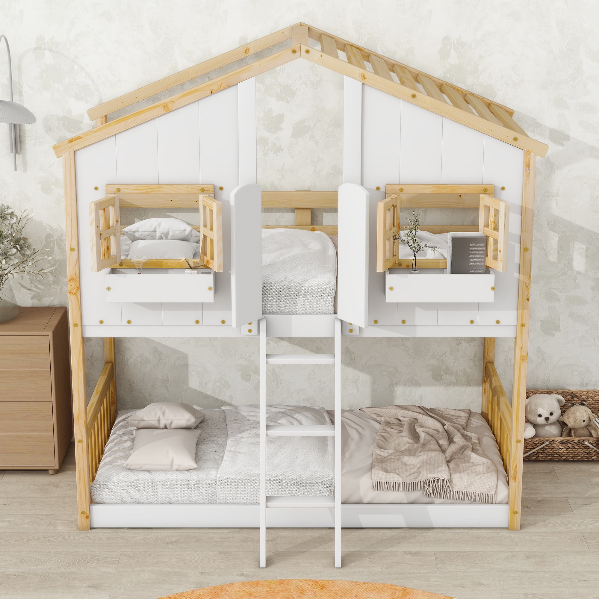 Bellemave Twin over Twin House Bunk Bed with Roof and Door Twin Low ...