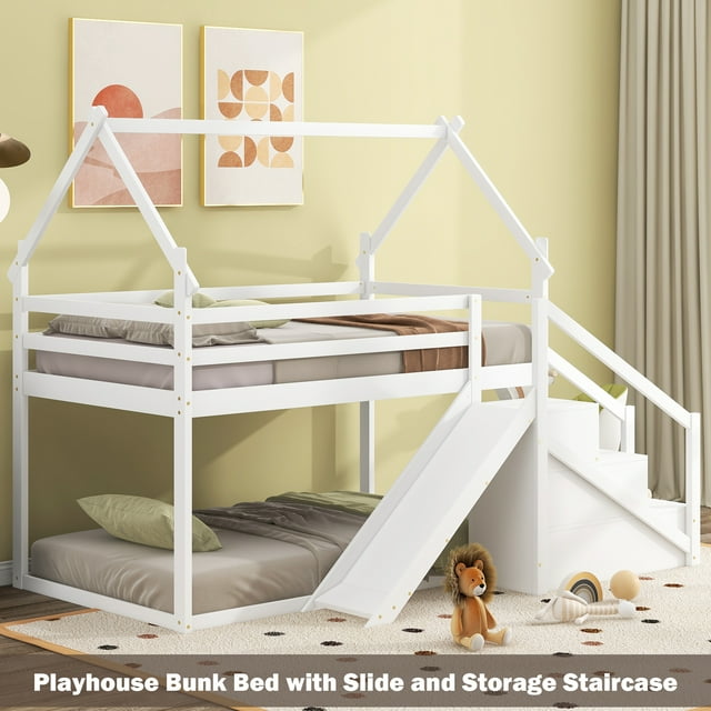 Bellemave Twin over Twin House Bunk Bed with Slide and Storage ...