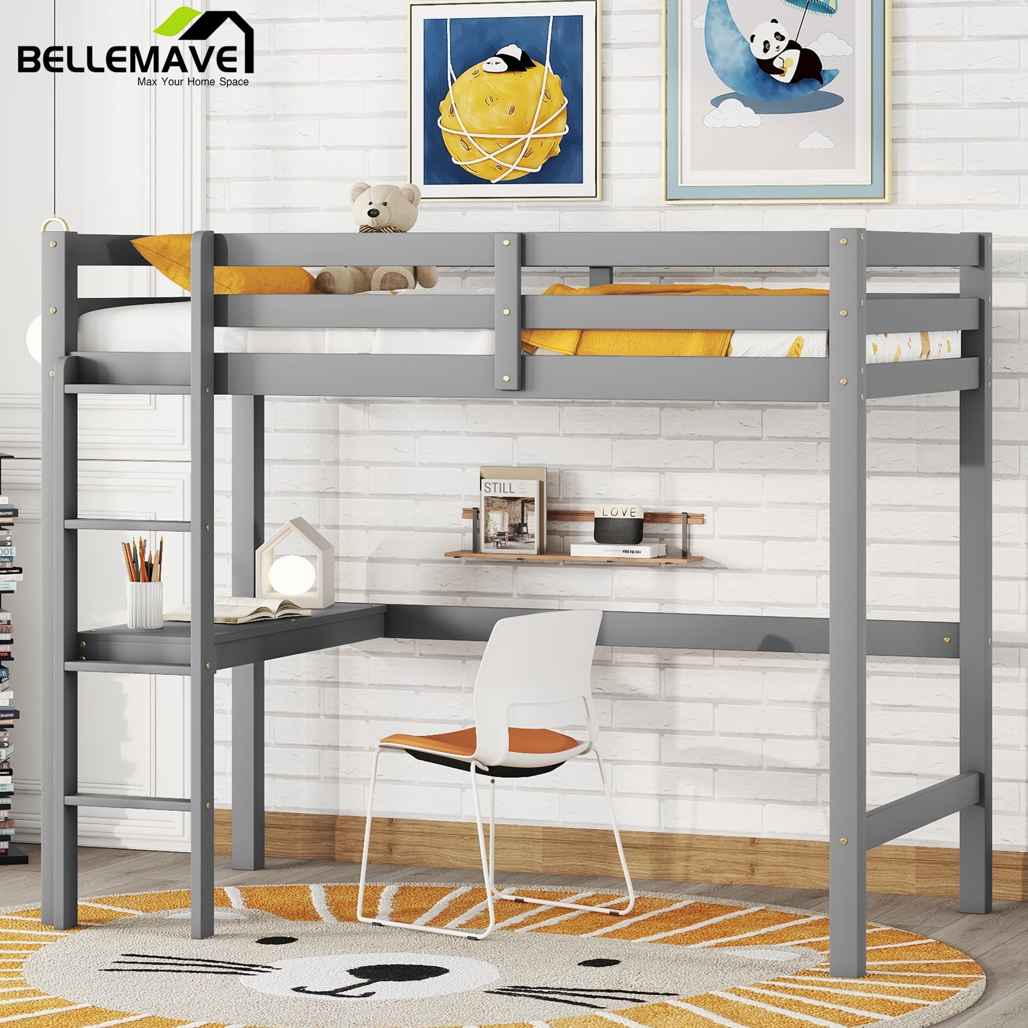 Bellemave Twin Loft Bed with Built-in Desk and Ladder, Space-Saving ...
