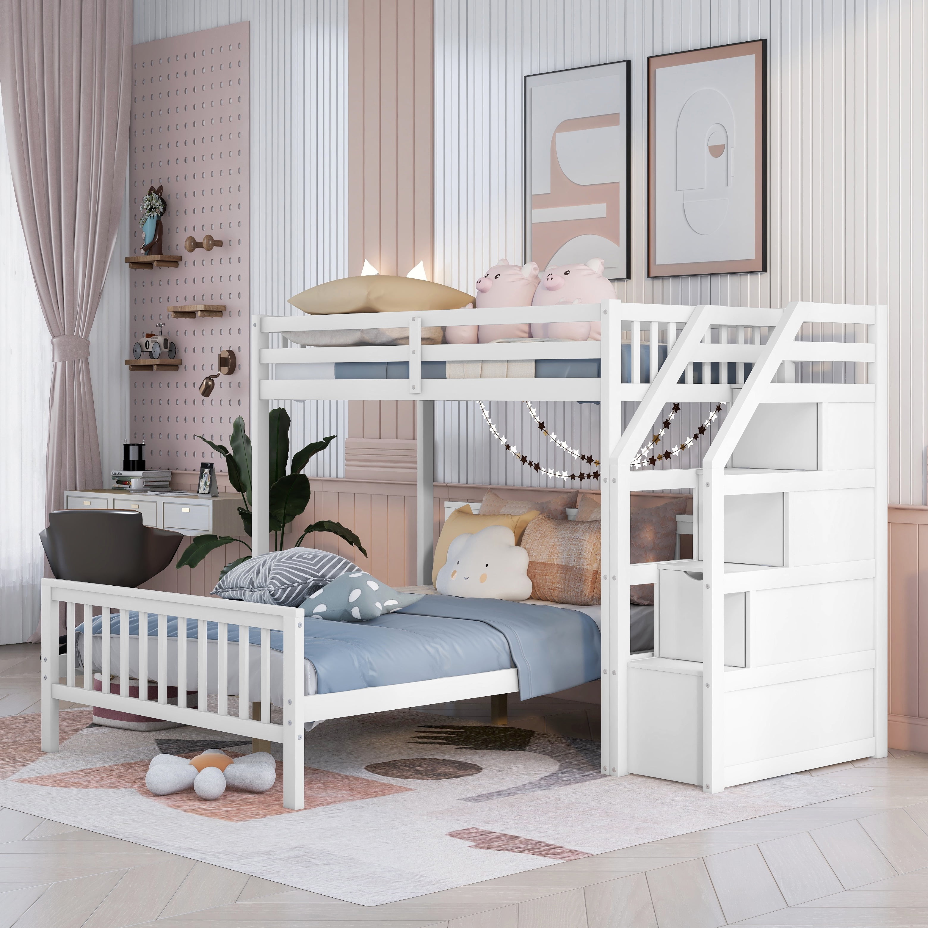 Bellemave Twin Over Full Bunk Beds with Stairs Wooden Storage Stairway Bunk Beds Can be Divided into Loft Beds and Platform Bed No Box Spring Needed