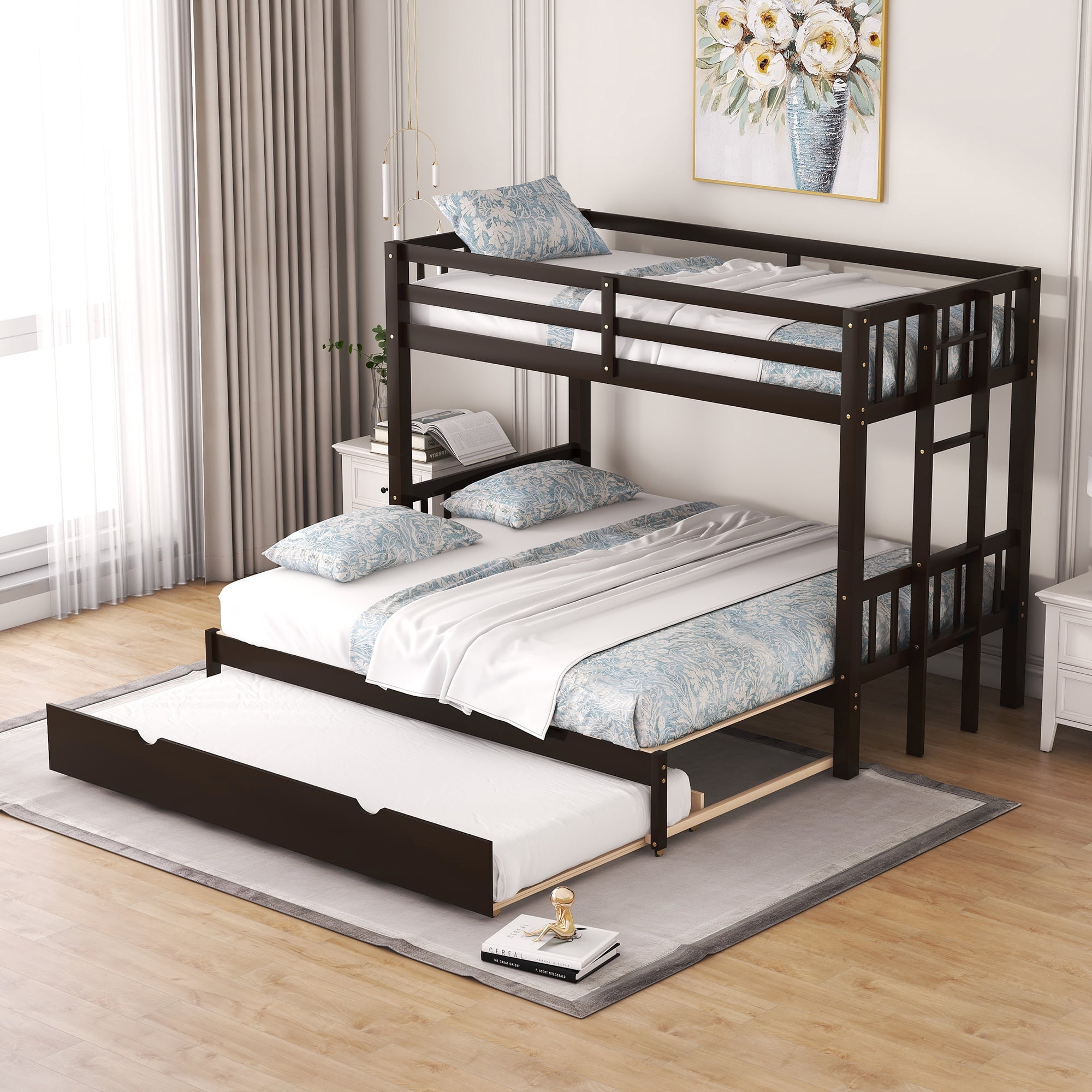 Bellemave King Bunk Bed, Twin Over Twin with Trundle, Solid Wood for 4 ...