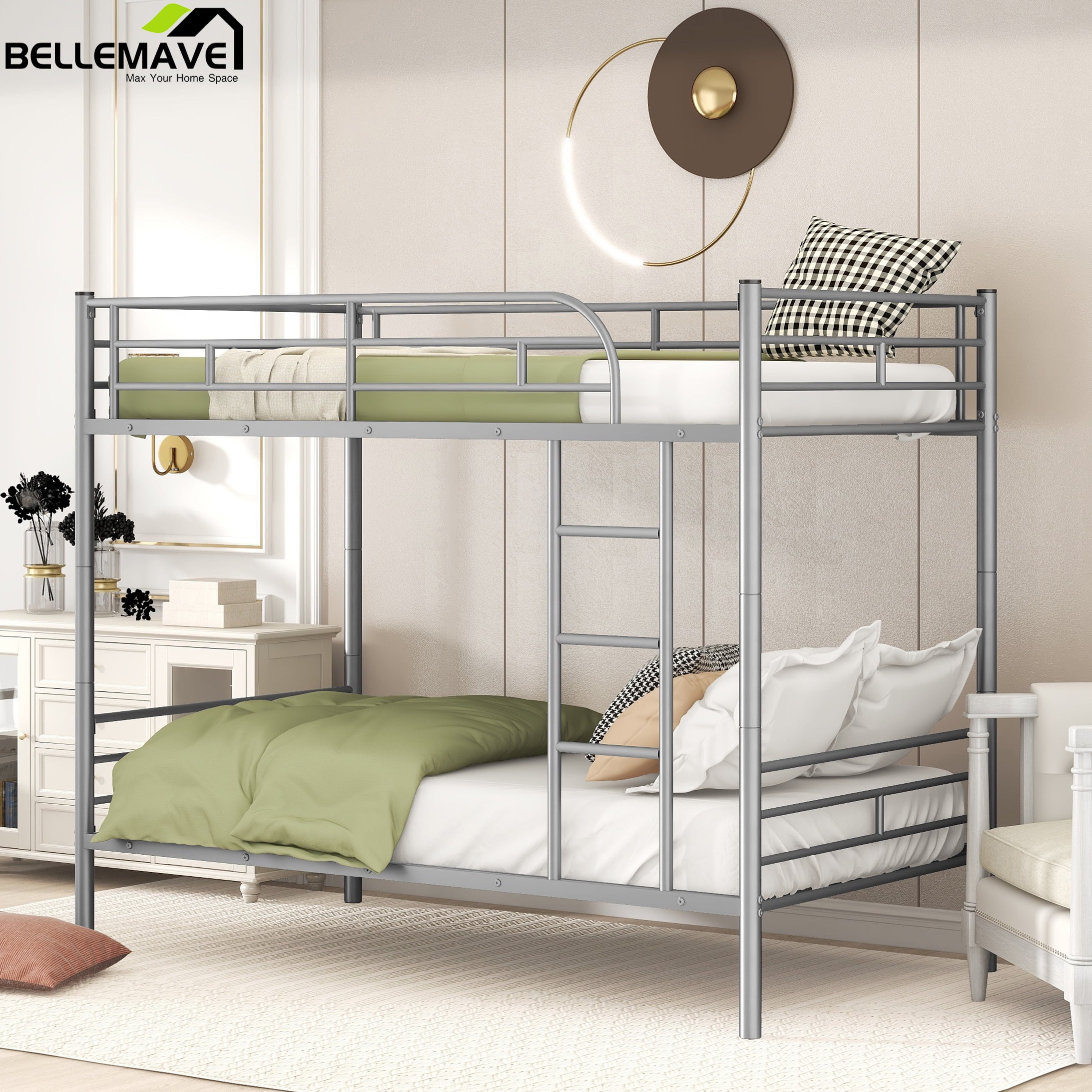 Bellemave Twin Over Twin Metal Bunk Bed with Ladder and Full-Length ...