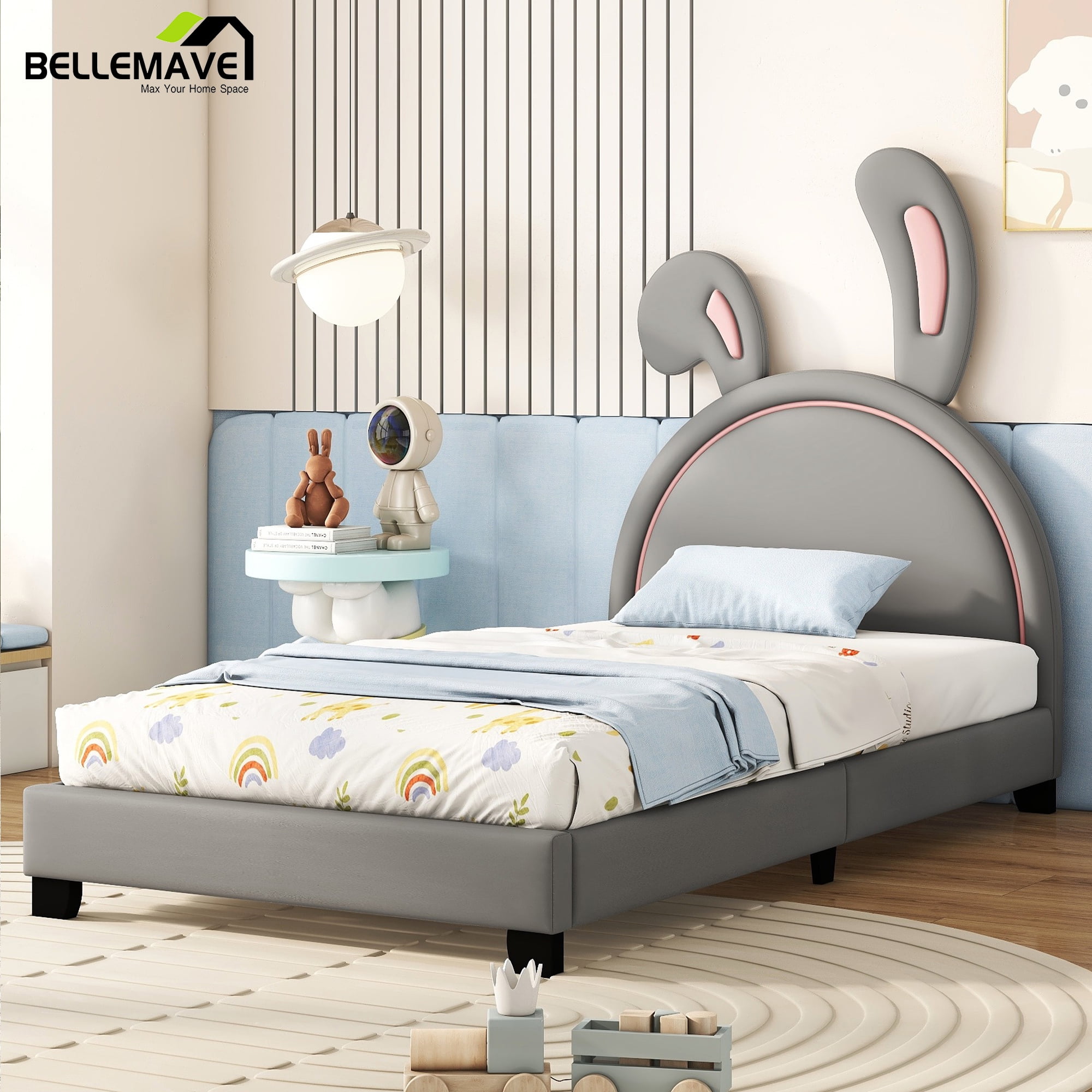 Bellemave Twin PU Leather Upholstered Platform Bed with Bunny Style ...