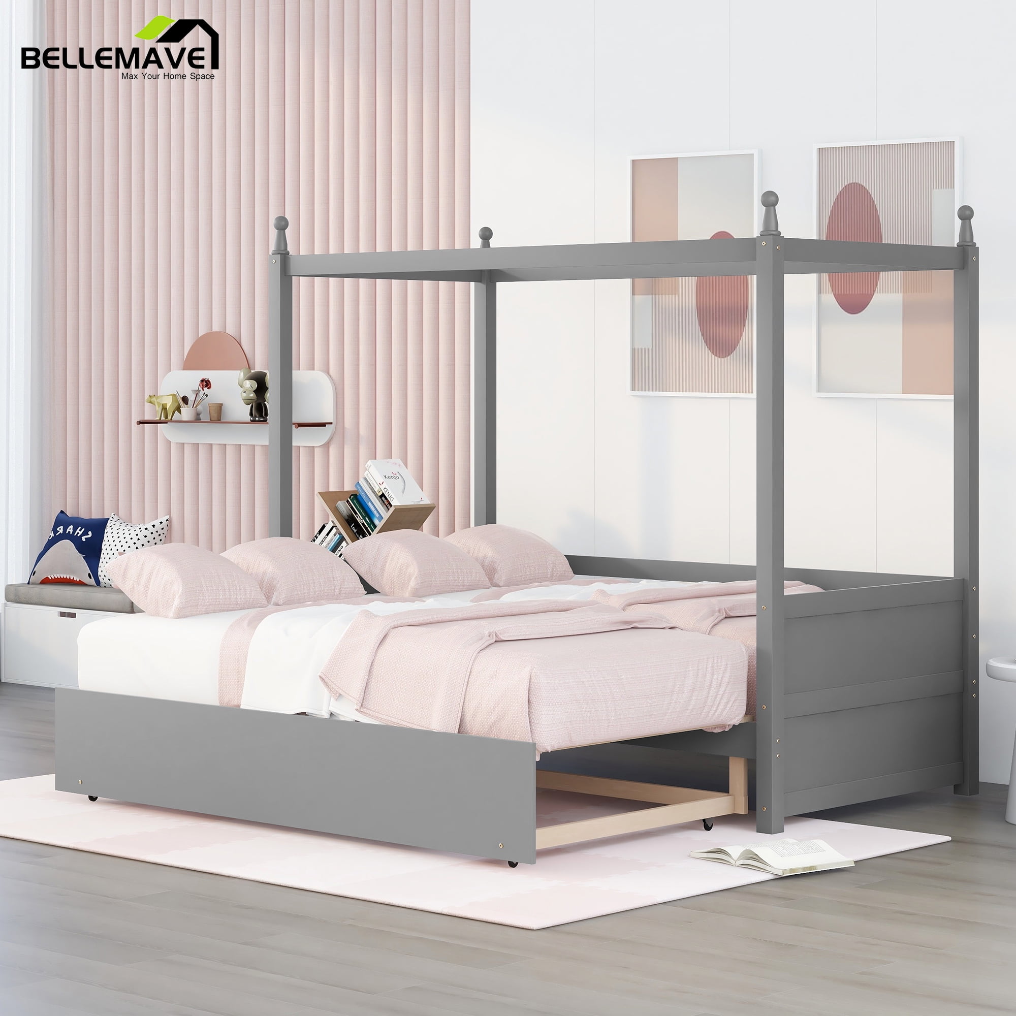 Bellemave Twin Size Canopy Daybed Frame with Trundle, Wood Twin Canopy ...